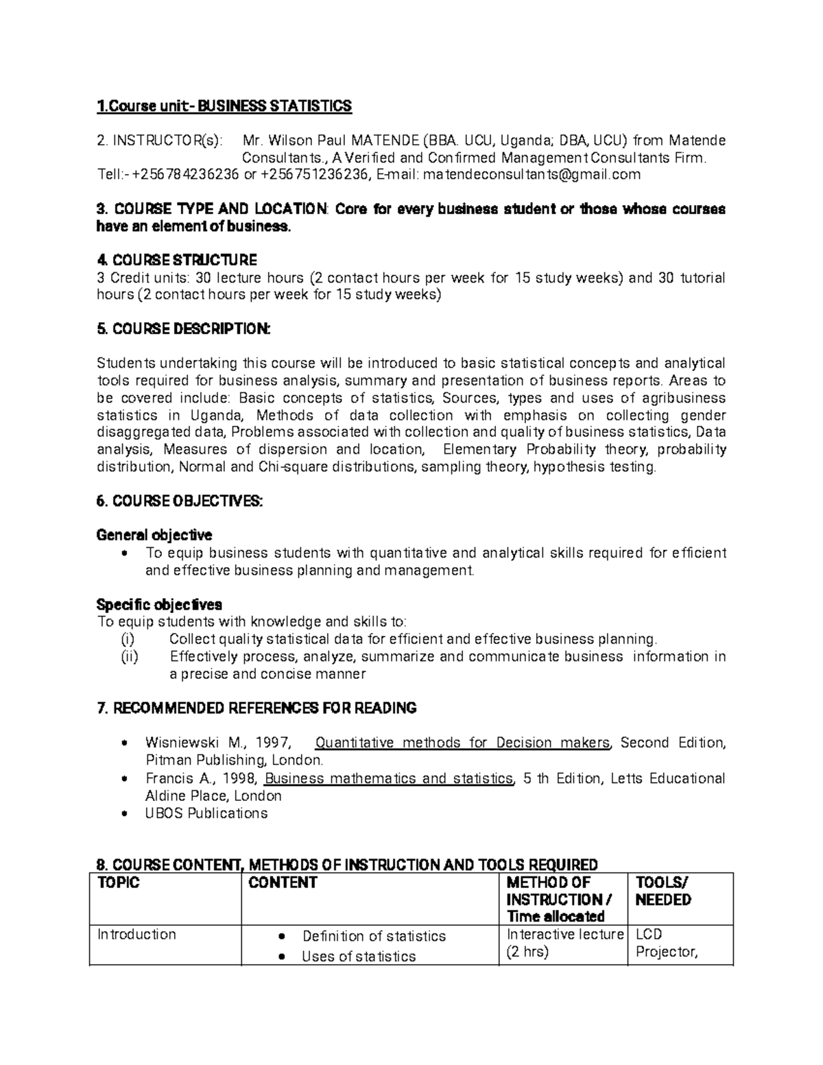 Course outline Business Statistics by Matende Consultants - 1 unit ...