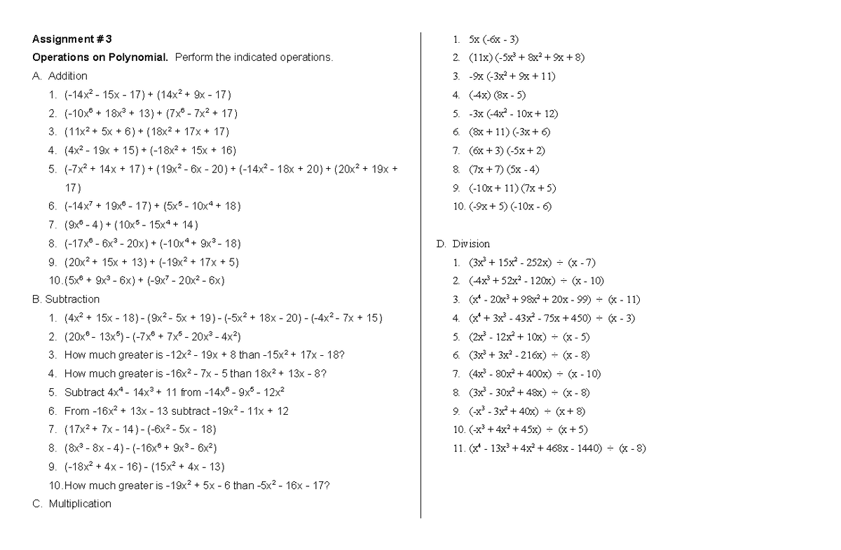 Assignment 3 - math - Assignment # 3 Operations on Polynomial. Perform ...