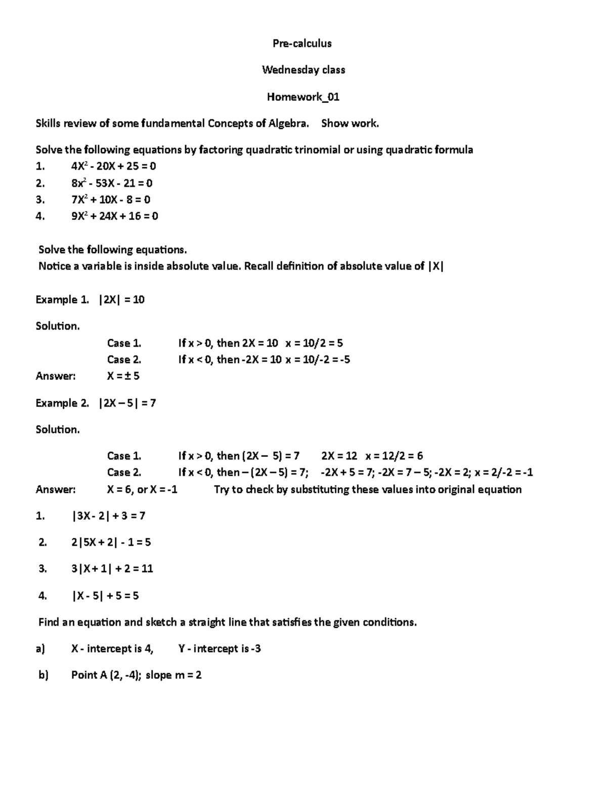 Homework 01 - Pre-calculus Wednesday class Homework_01 Skills review of ...