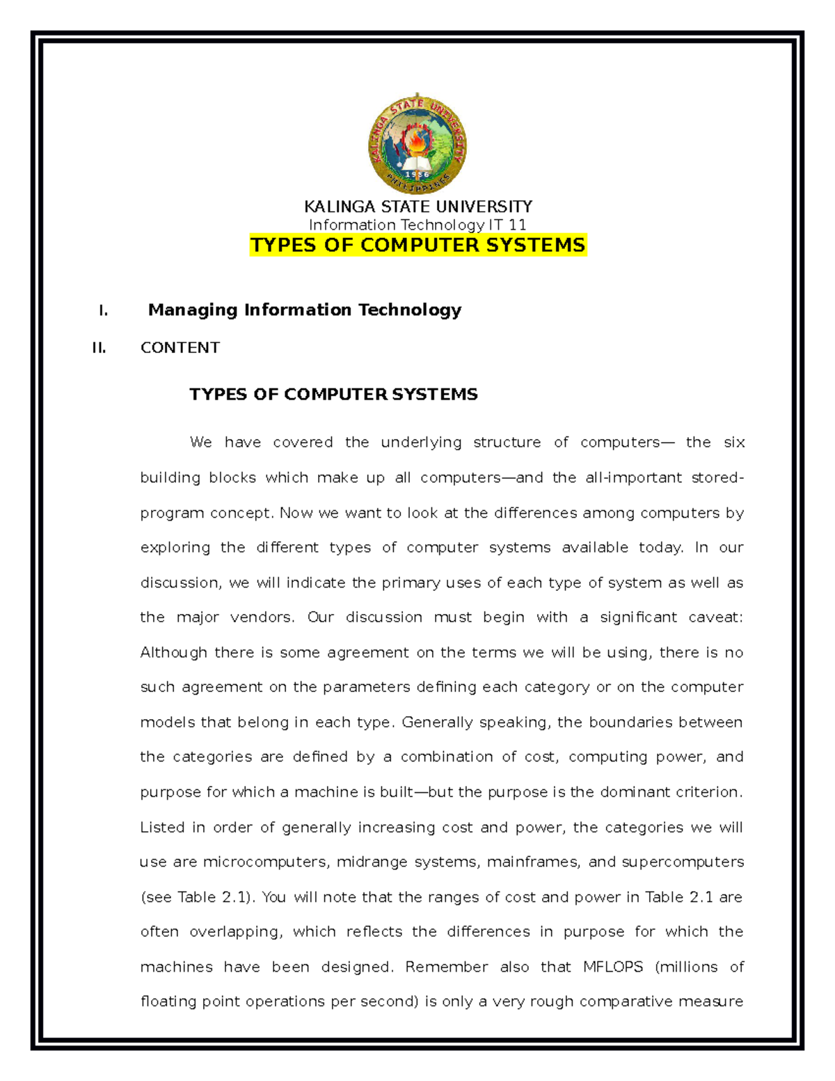Types Of Computer Systems - KALINGA STATE UNIVERSITY Information ...