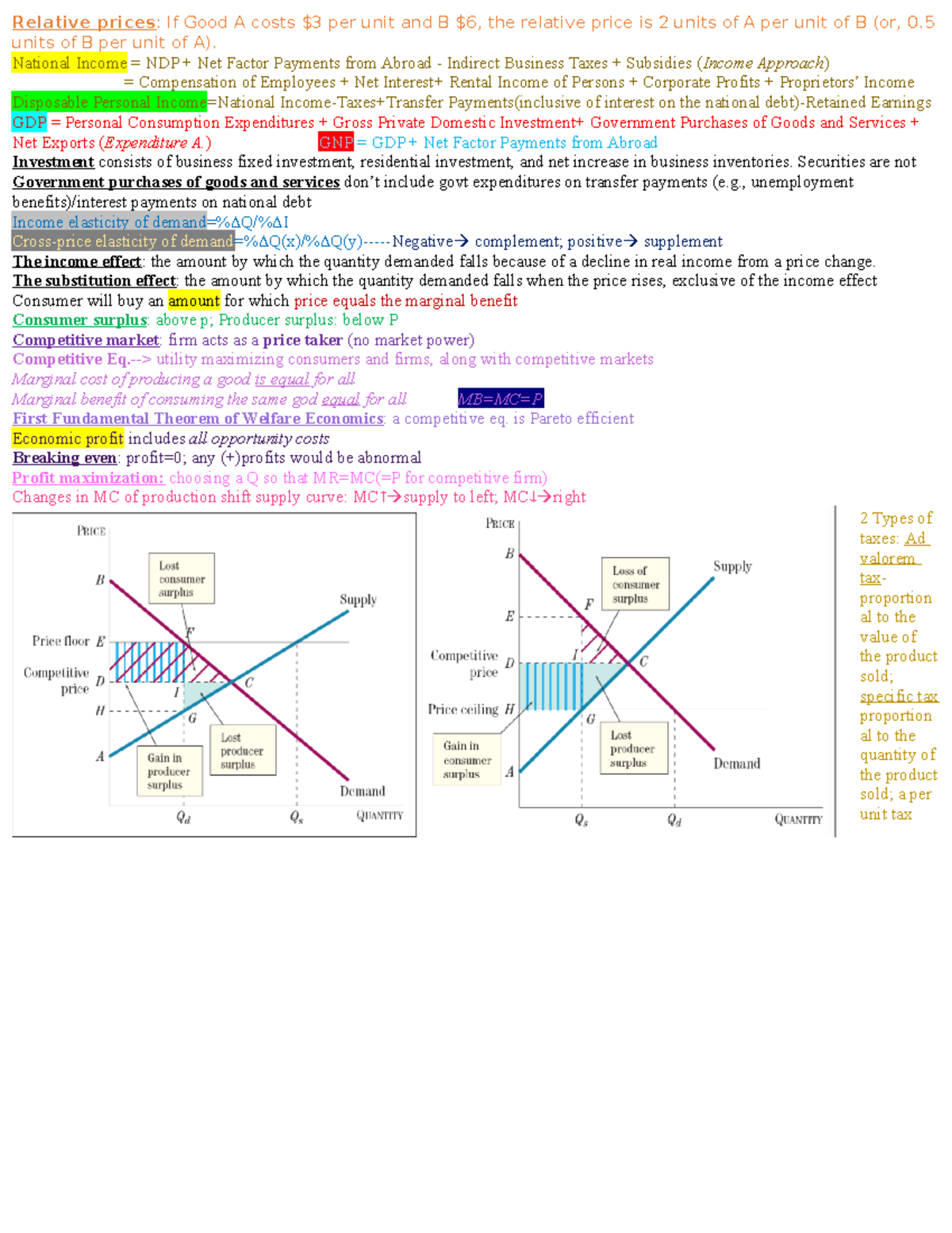 ECON cheat sheet - Lecture - Relative prices: If Good A costs per unit ...