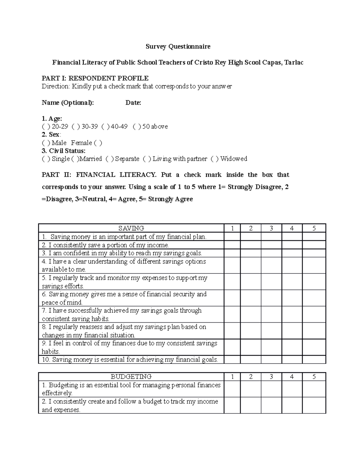 Survey-Questionnaire- Flpst - Survey Questionnaire Financial Literacy ...