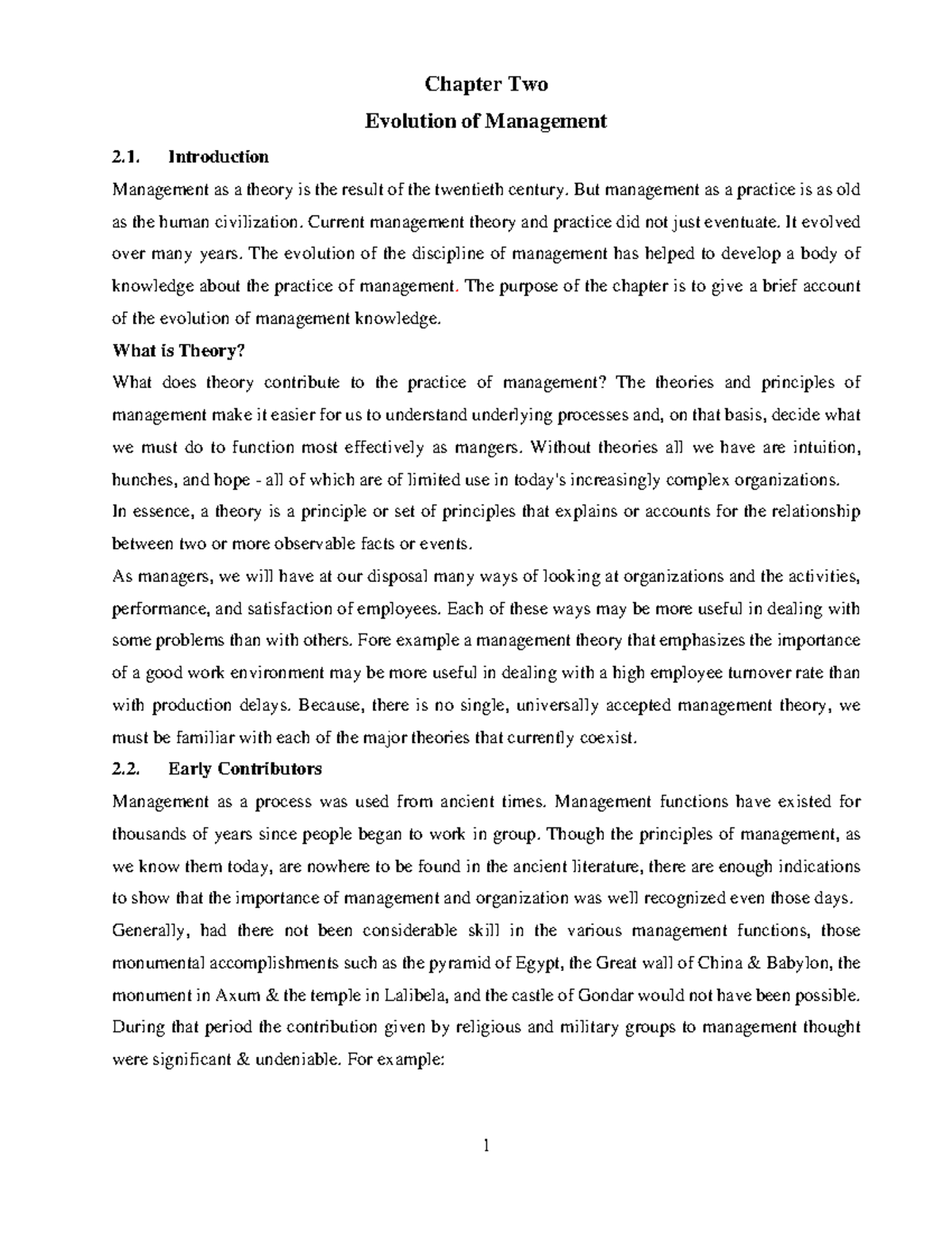 Chapter 2 Evolution MGMT - Chapter Two Evolution of Management Introduction Management as a ...