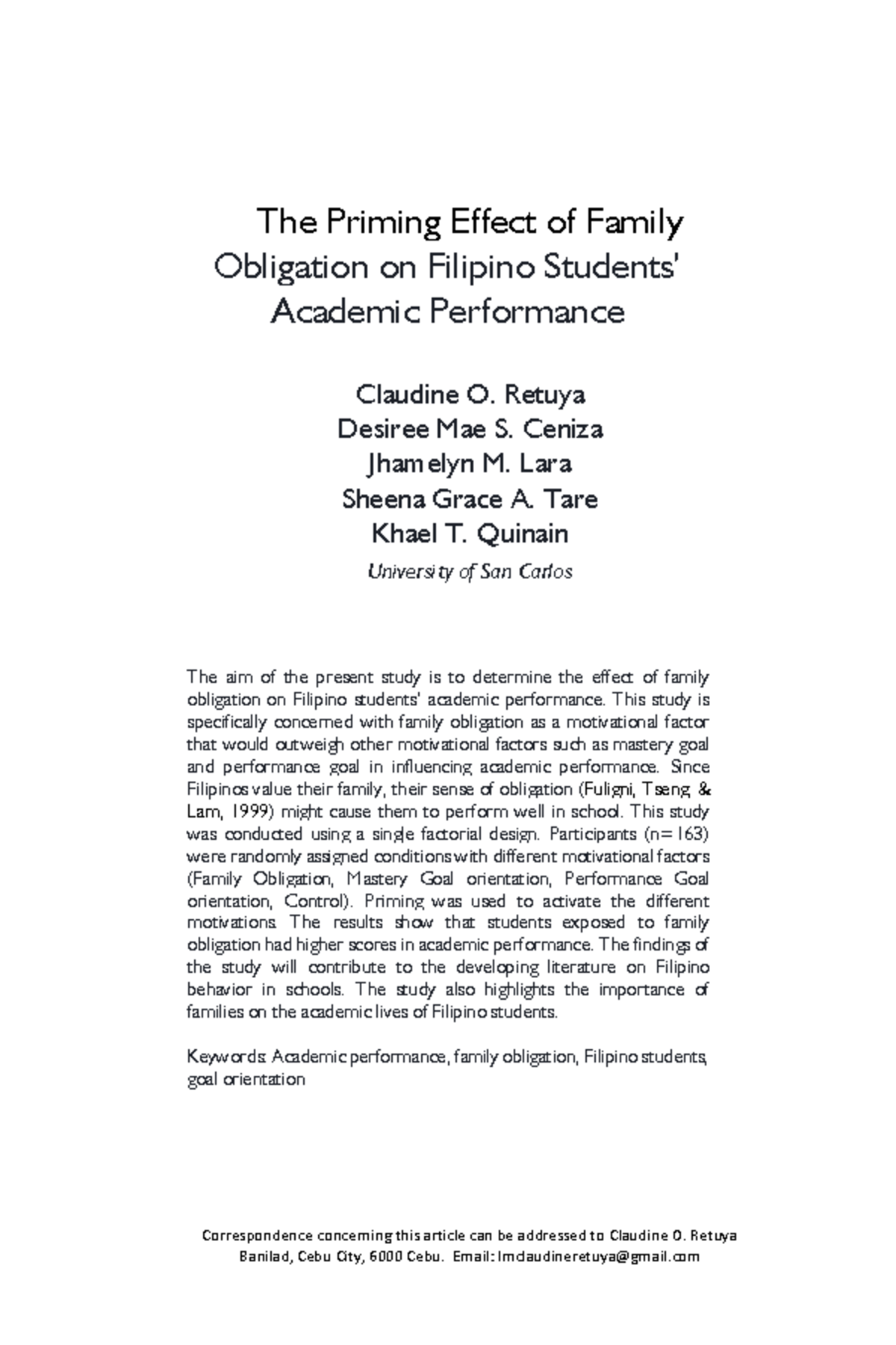The priming effect of family obligation on filipino students academic ...