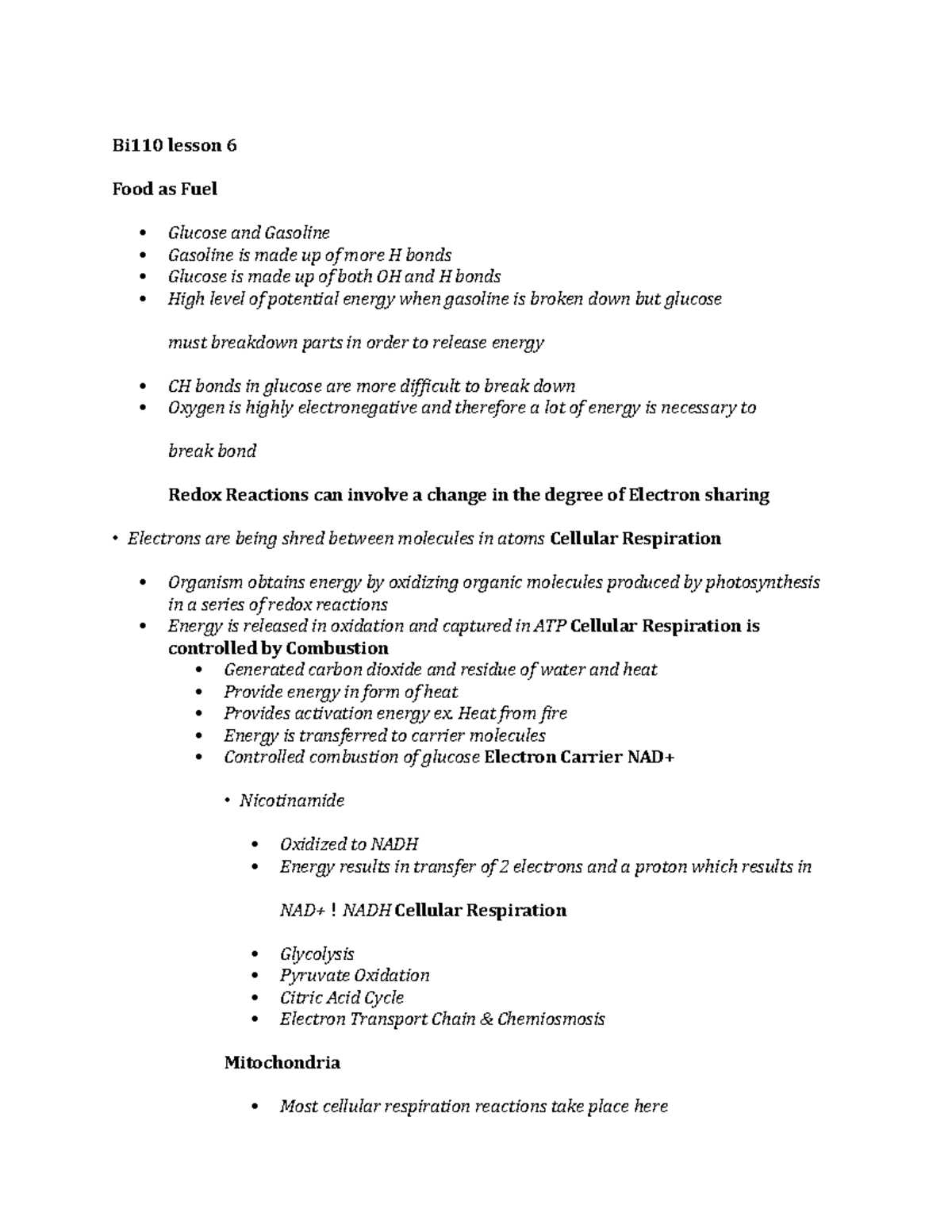 Bi110 lesson 6 - business notes - Bi110 lesson 6 Food as Fuel Glucose ...