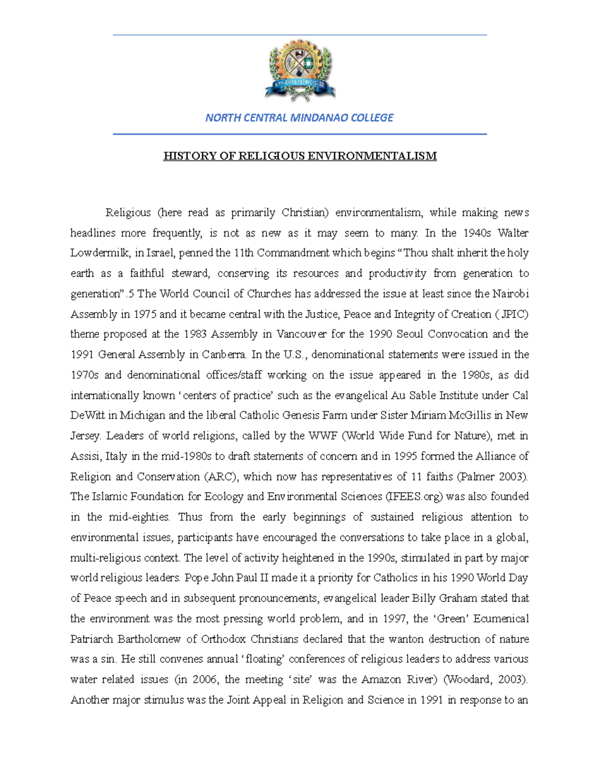 History OF Religious Environmentalism - HISTORY OF RELIGIOUS ...