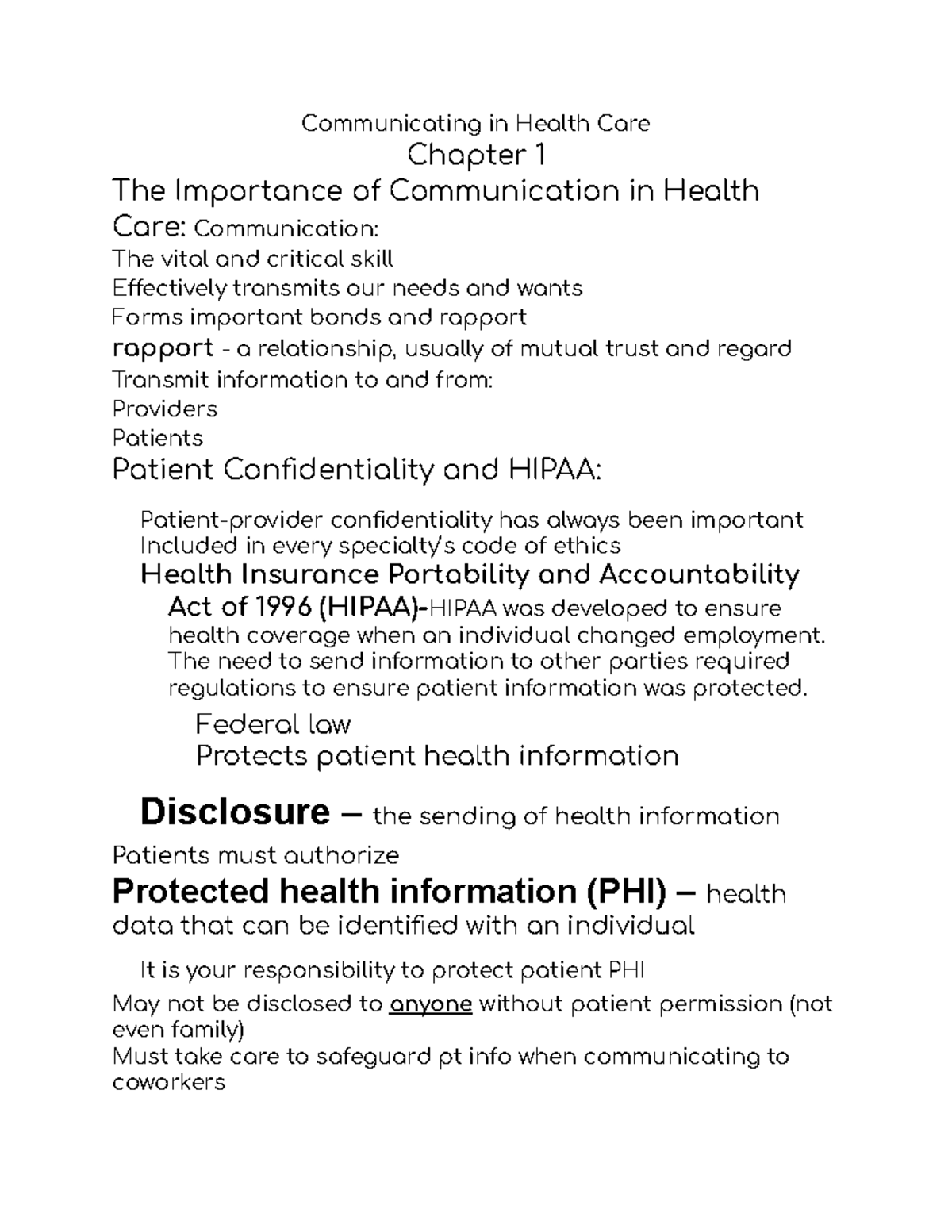 Chapter 1 Notes Med-110 - Communicating in Health Care Chapter 1 The ...