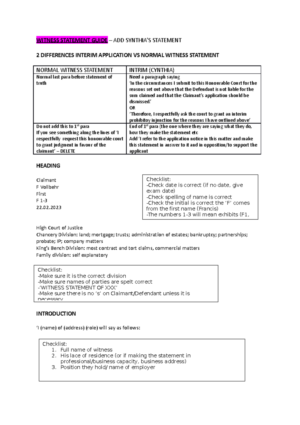 Witness Statement Guide - WITNESS STATEMENT GUIDE – ADD SYNTHIA’S ...