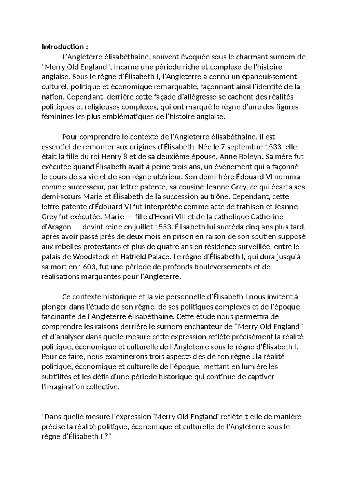 Exposé histoire moderne - Introduction : L'Angleterre élisabéthaine ...