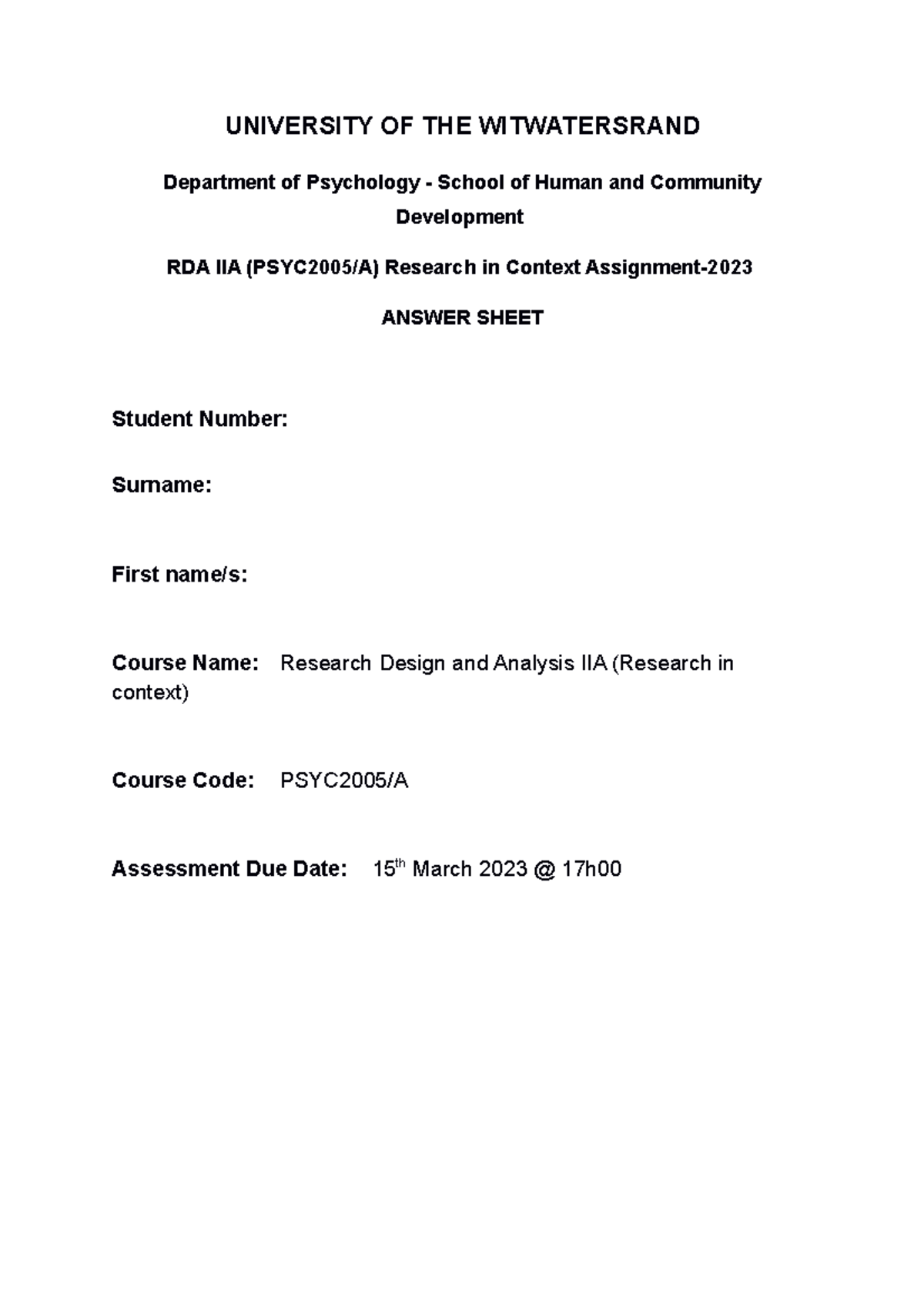 RIC answer sheet 2023 - RIC TUTORIAL WORK - UNIVERSITY OF THE ...