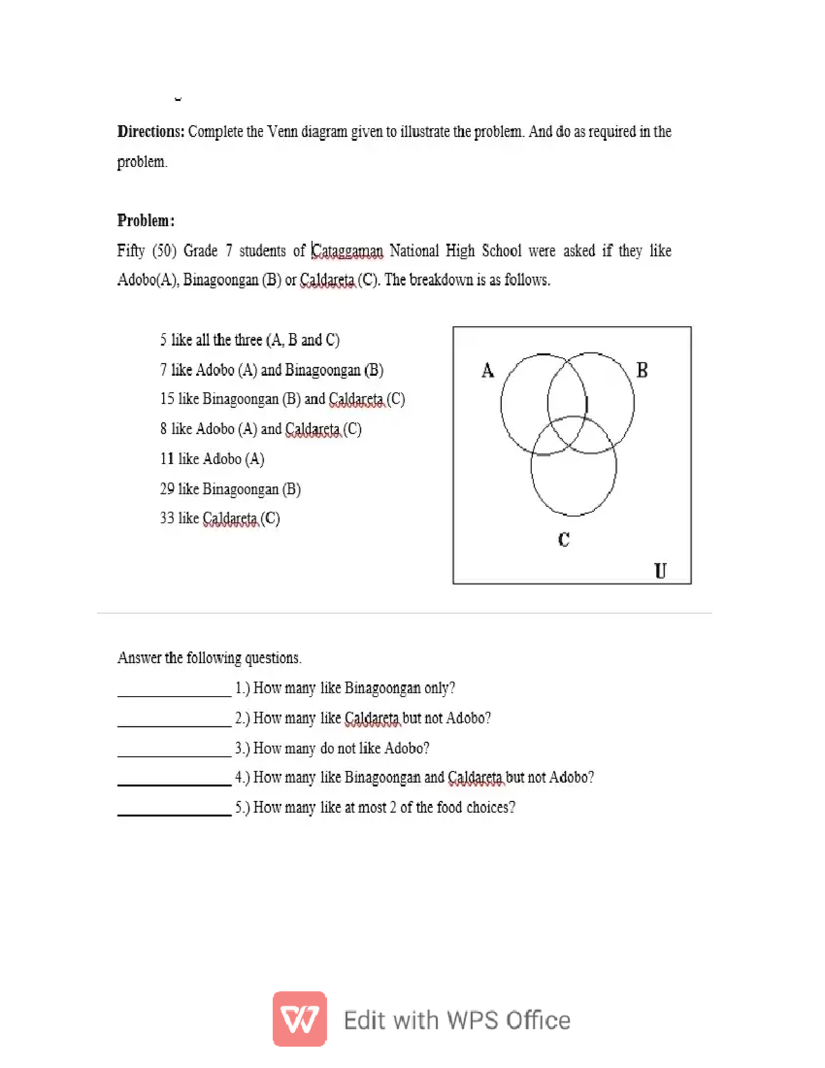 Grade 7-WPS Office - exam - Directions: Complete the Venn diagram given ...