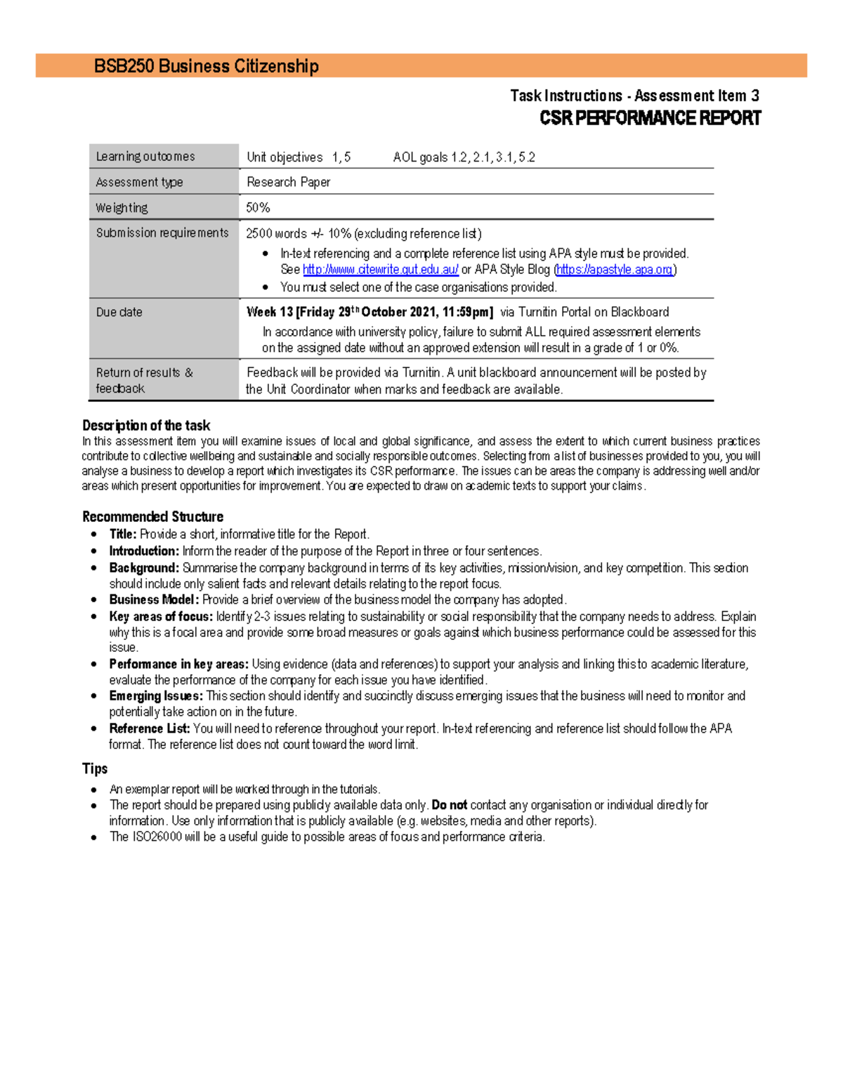CSR - BSB250 Business Citizenship Task Instructions - Assessment Item 3 ...