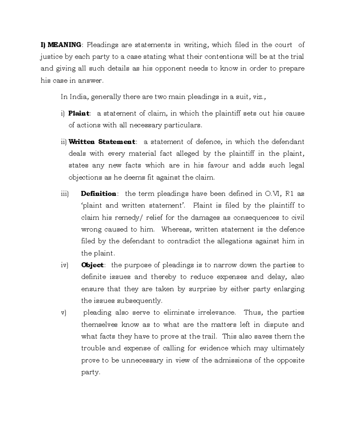 Pleadings order - I) MEANING: Pleadings are statements in writing ...