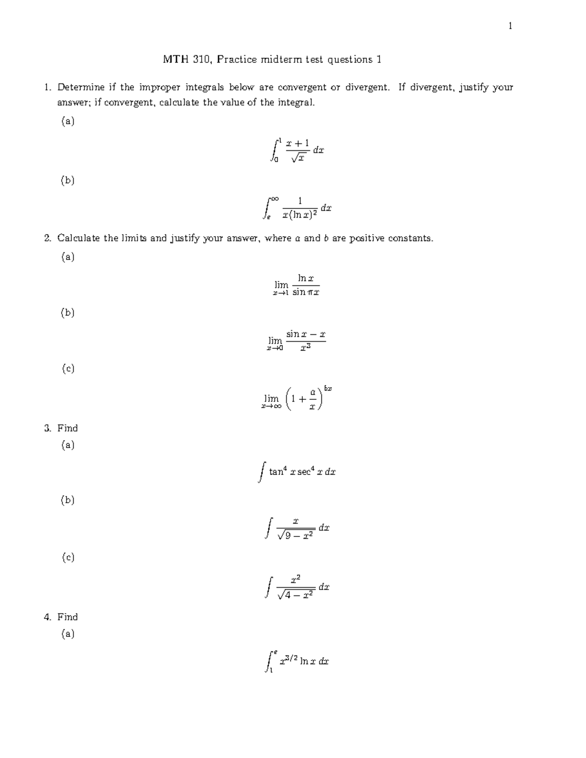MTH310 Practice Midterm - 1 MTH 310, Practice midterm test questions 1 ...