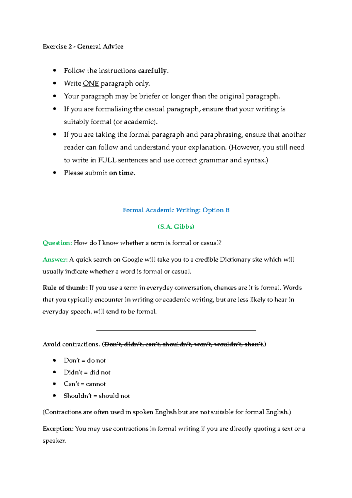 Formal Academic Writing - Exercise 2 - General Advice Follow the ...