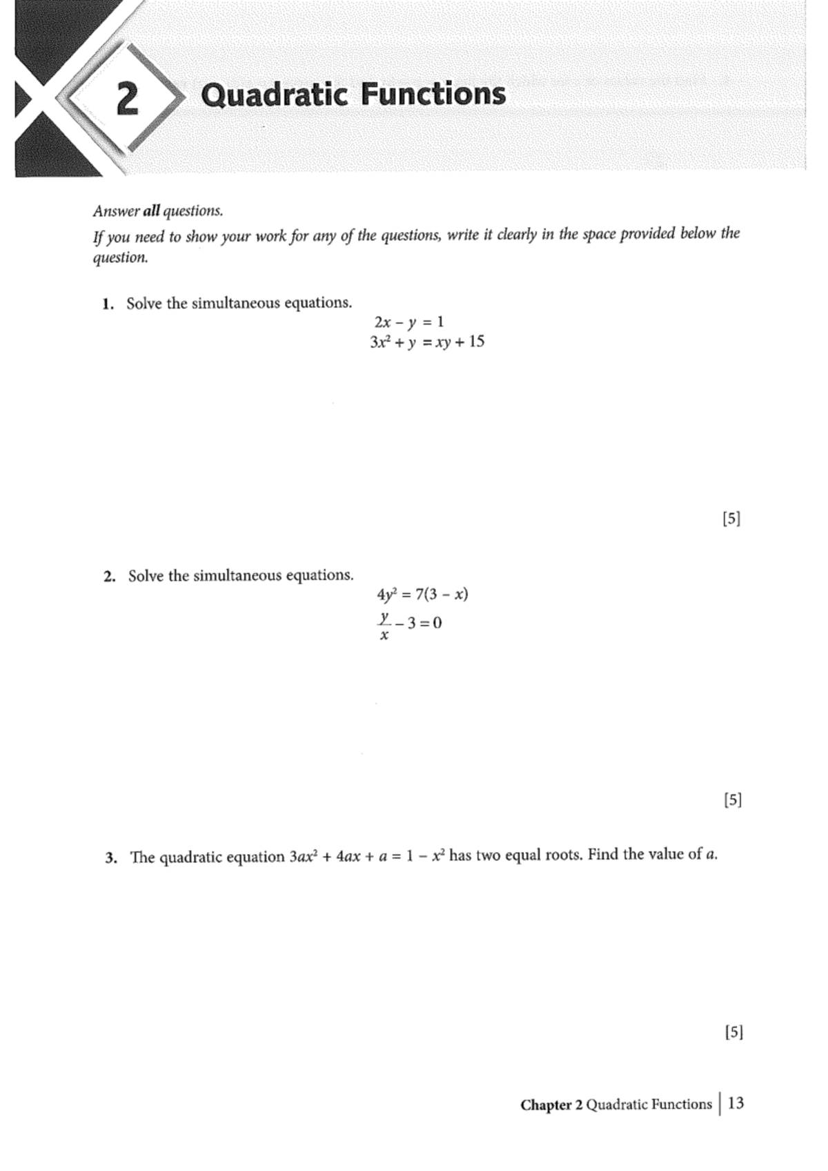 Chapter 2: quadratic functions - 2 Quadratic Functions Answer all ...
