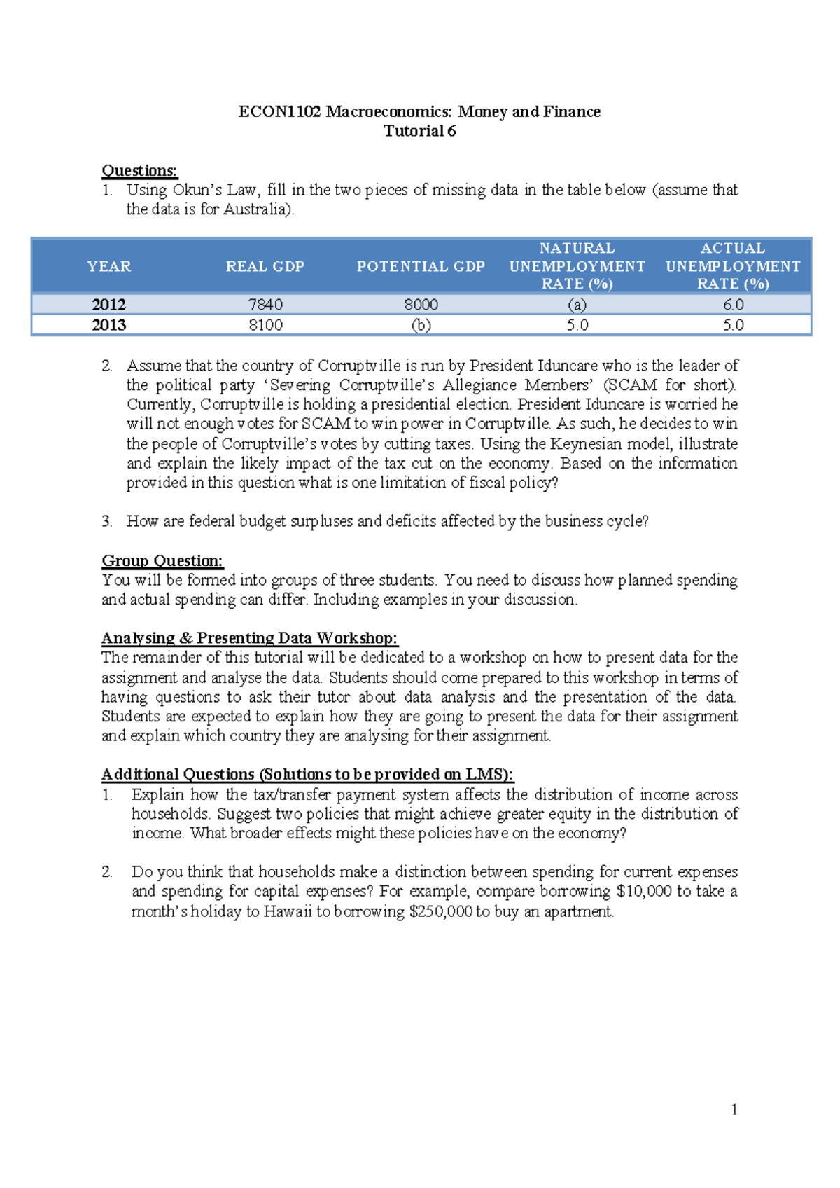 Tutorial 6 Questions - 1 ECON1102 Macroeconomics: Money and Finance Tutorial 6 Questions: Using ...