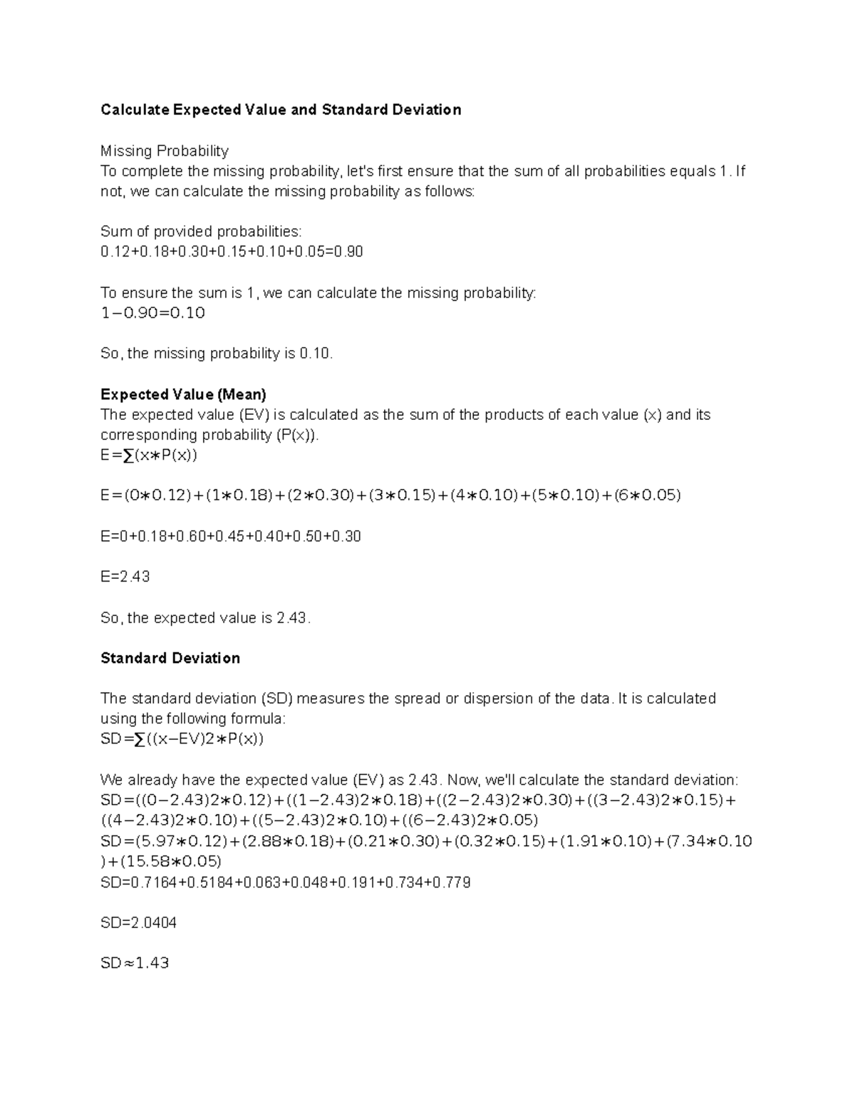 Unit 4 - Coursework - Calculate Expected Value and Standard Deviation Missing Probability To ...