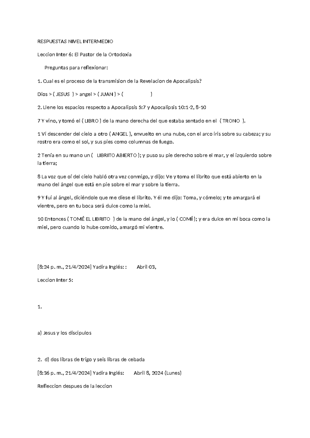 Respuestas Nivel Intermedio II - RESPUESTAS NIVEL INTERMEDIO Leccion ...