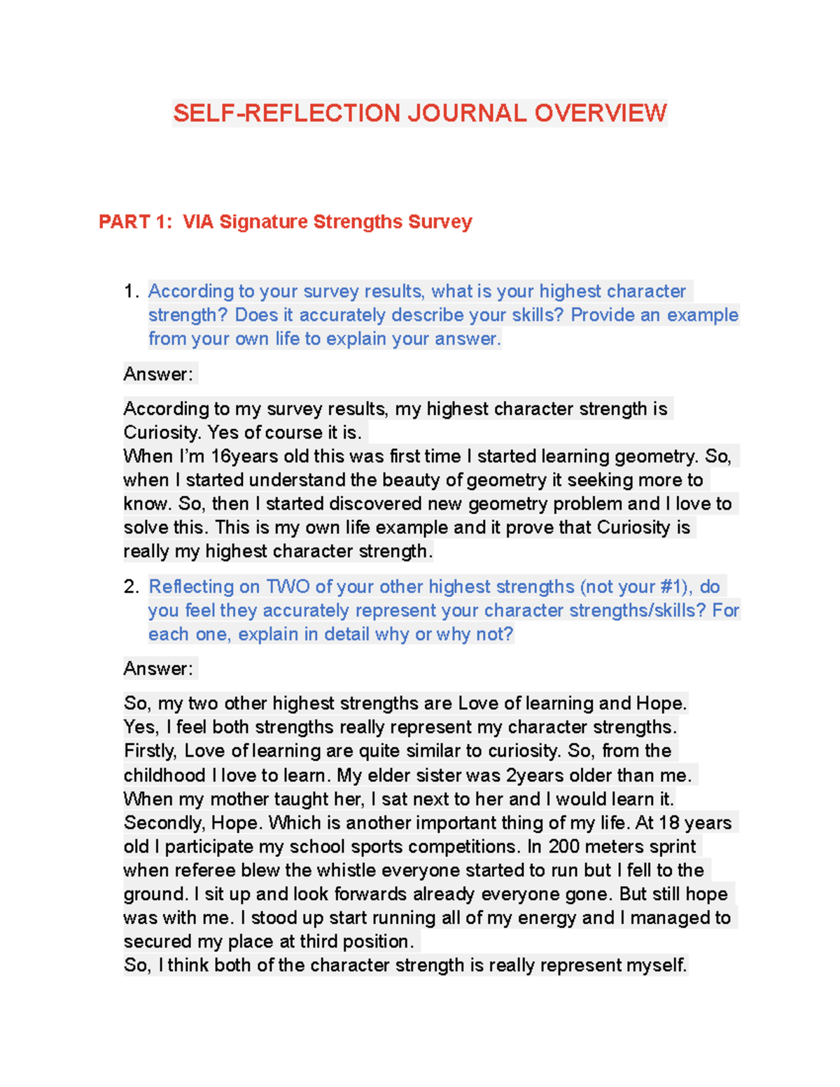 SELF- Reflection Journal Overview - SELF-REFLECTION JOURNAL OVERVIEW ...
