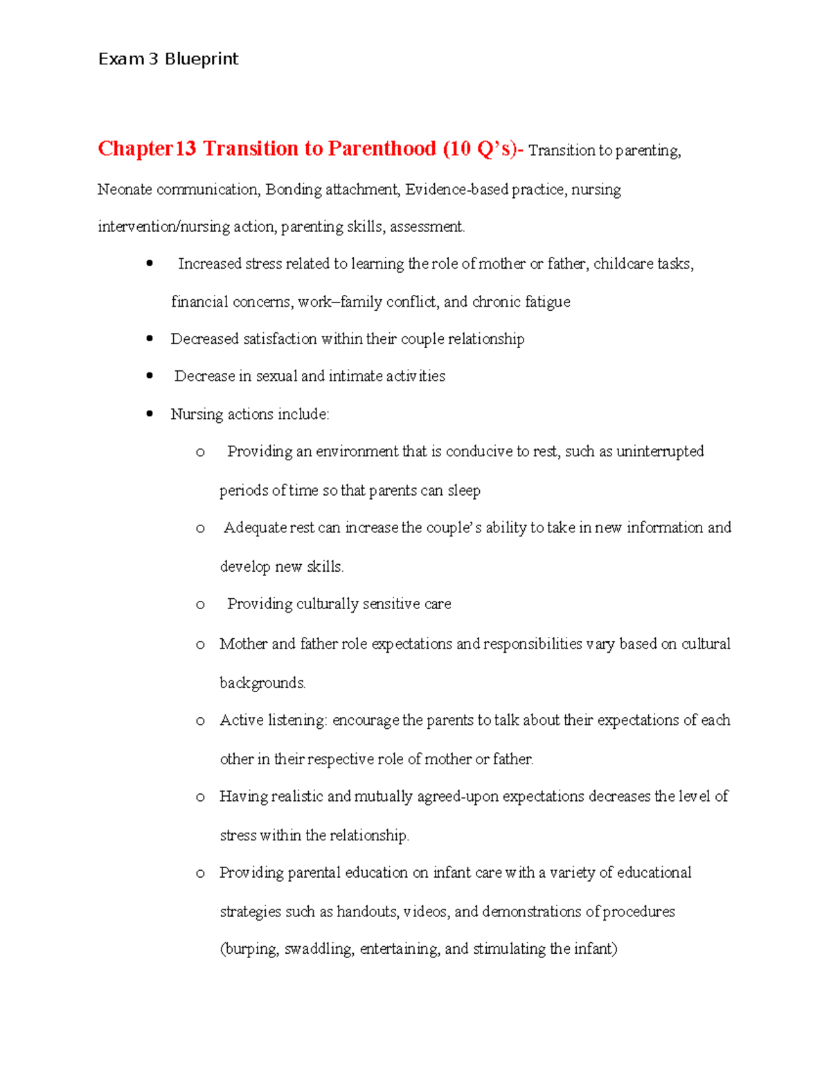 OB Exam 3 Blueprint - Chapter13 Transition to Parenthood (10 Q’s ...