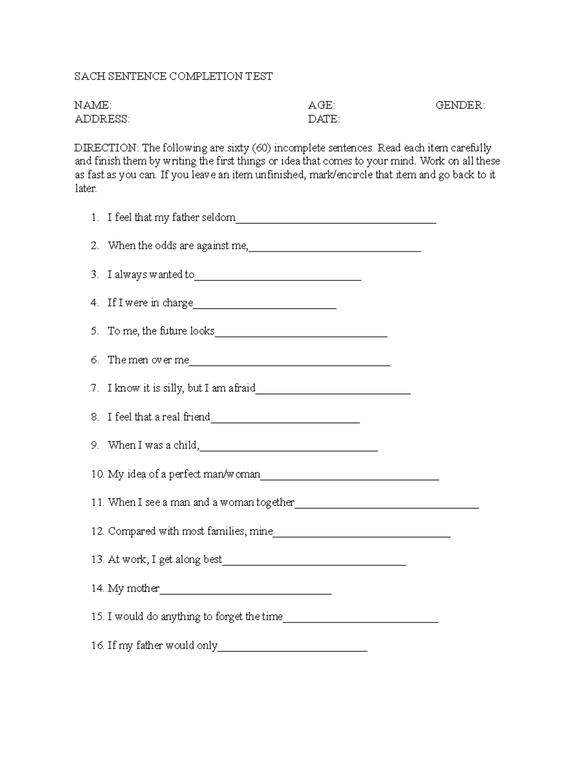 SACH Sentence Completion Test - SACH SENTENCE COMPLETION TEST NAME: AGE ...
