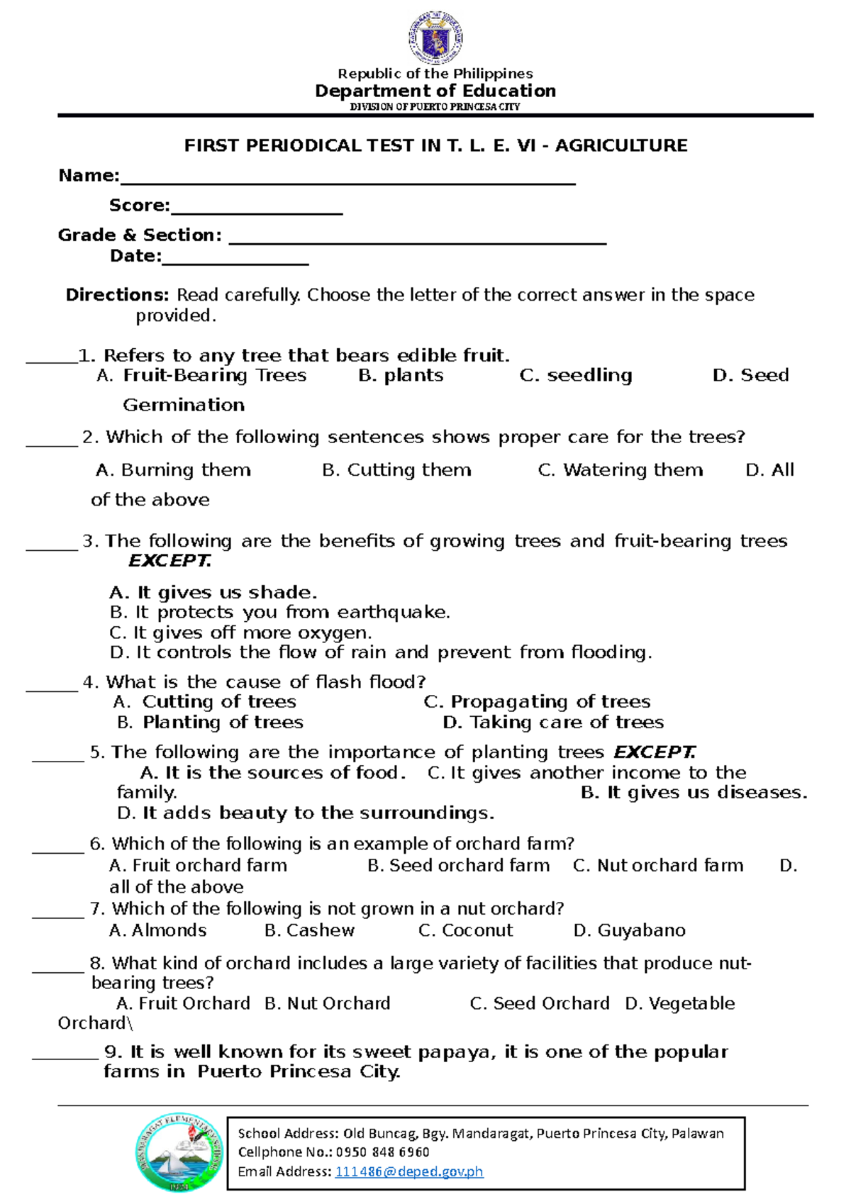 1st Quarter Test EPP 6 Agriculture - Department of Education DIVISION ...