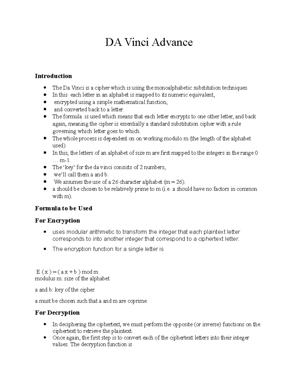 Davinci - A cryptographic code - DA Vinci Advance Introduction The Da ...