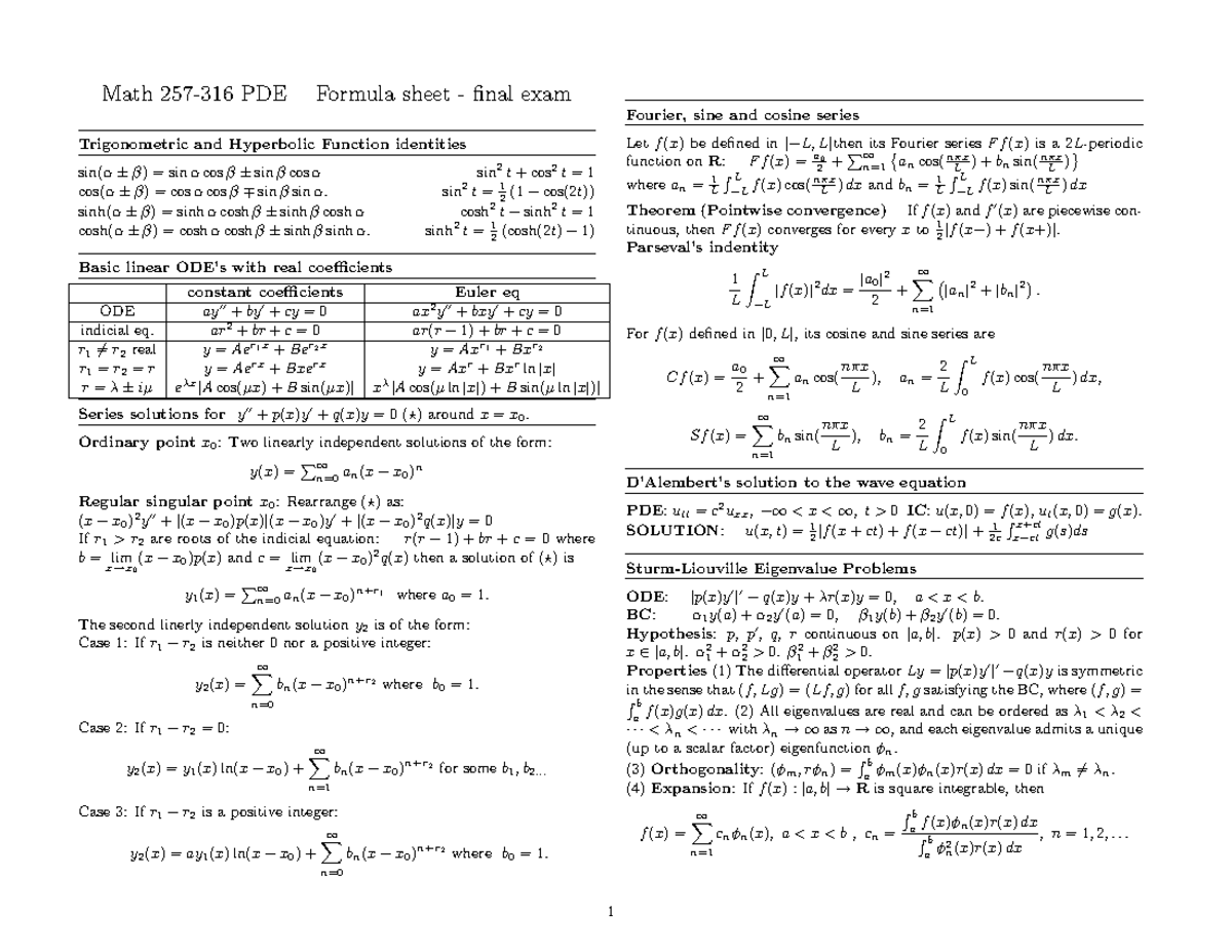 Fs-final - Math 257-316 PDE Formula sheet - final exam Trigonometric ...