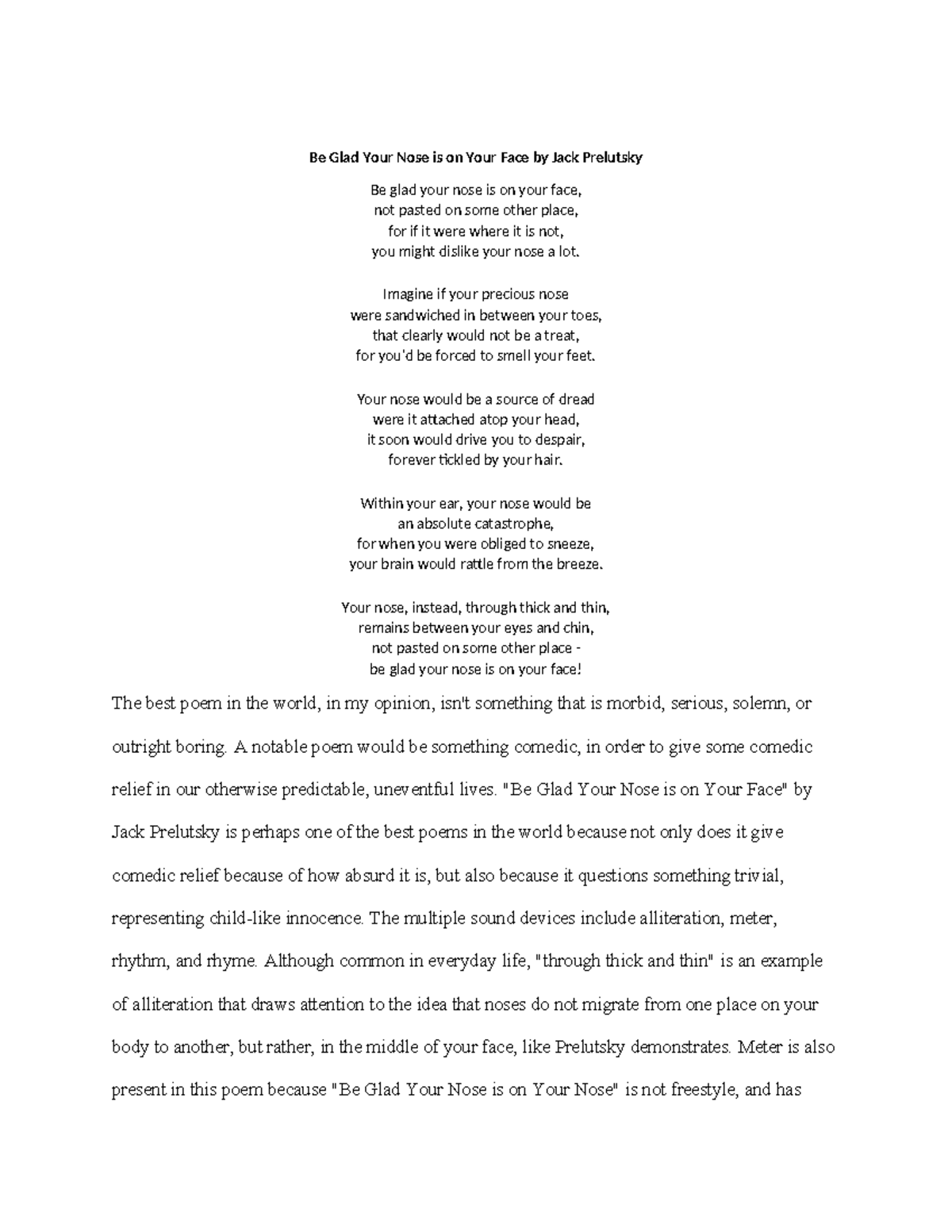 The Best Poem - English assignment - Be Glad Your Nose is on Your Face ...
