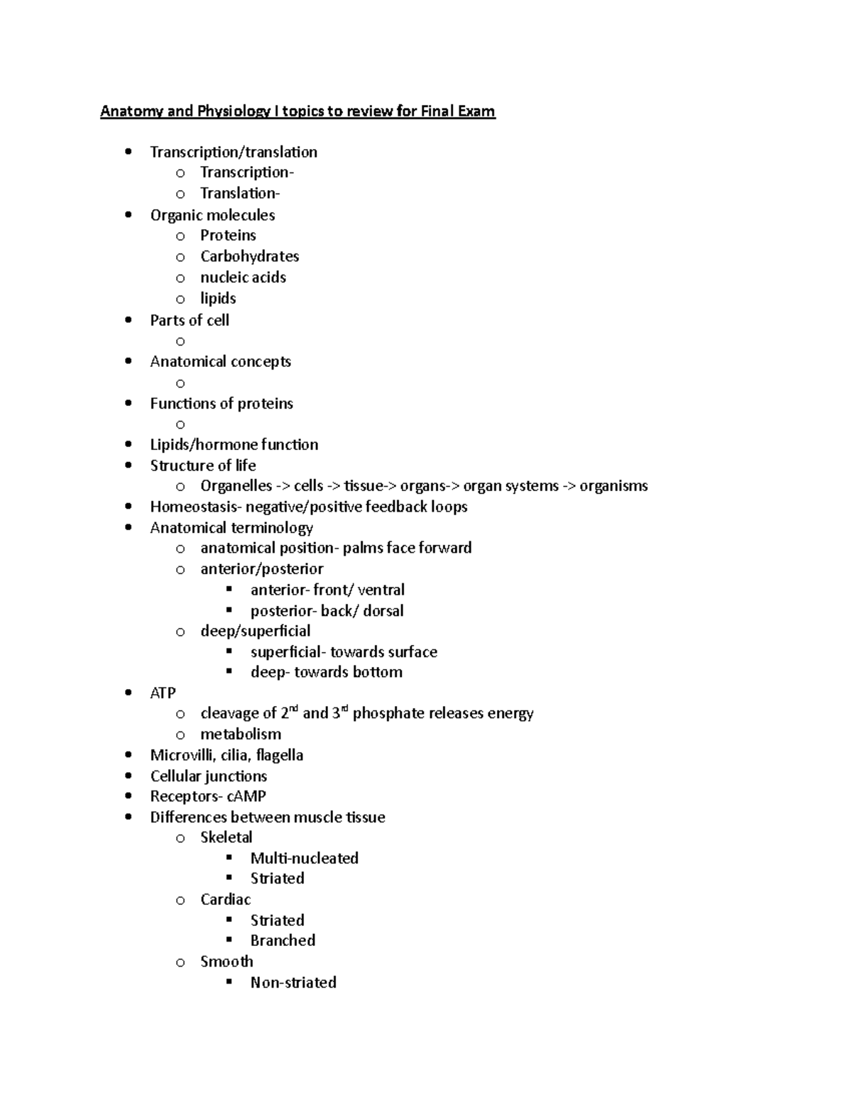 Anatomy and Physiology I topics to review for Final Exam - Studocu