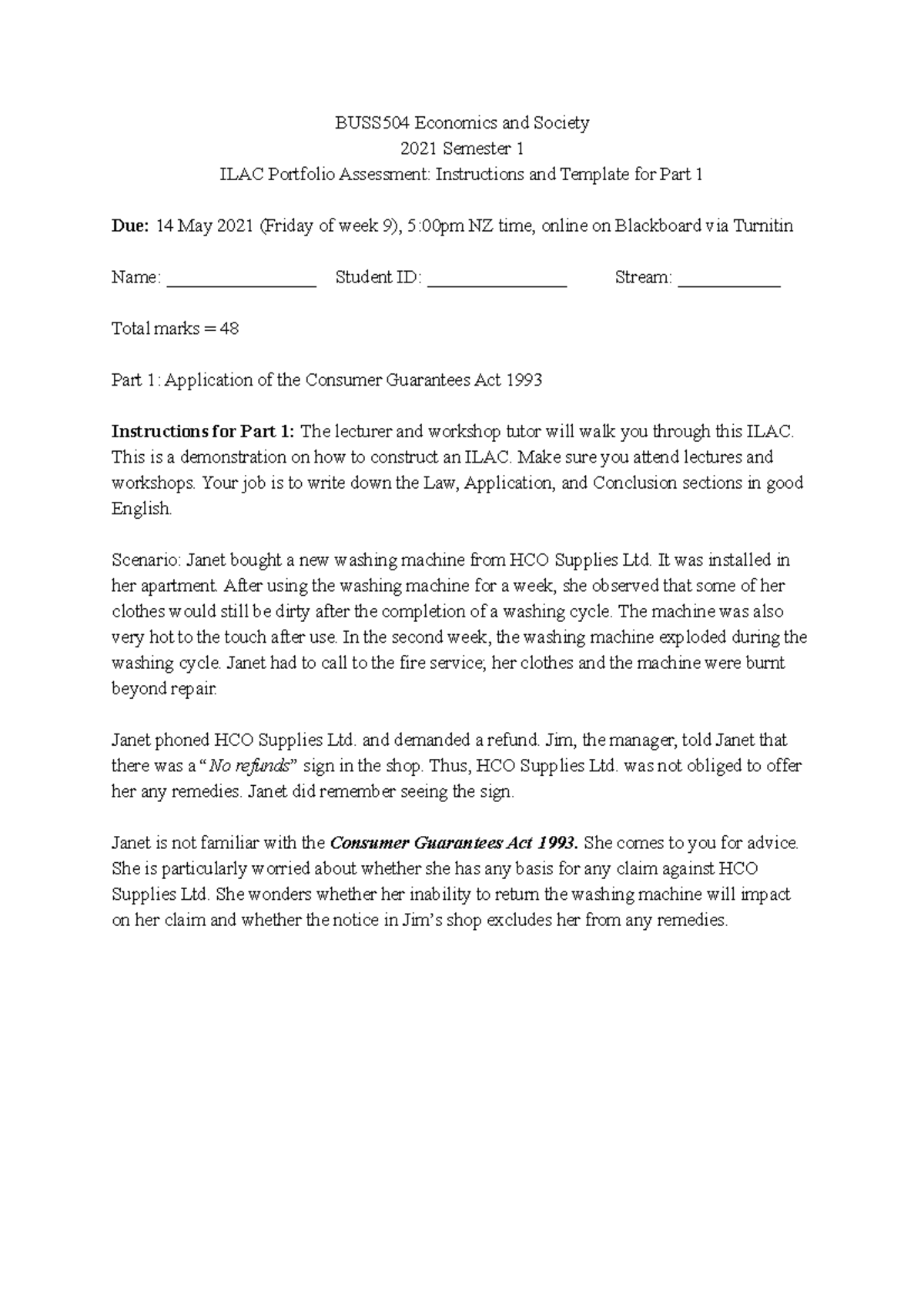 Buss504 2021s1 ILAC template part1 law - BUSS504 Economics and Society ...