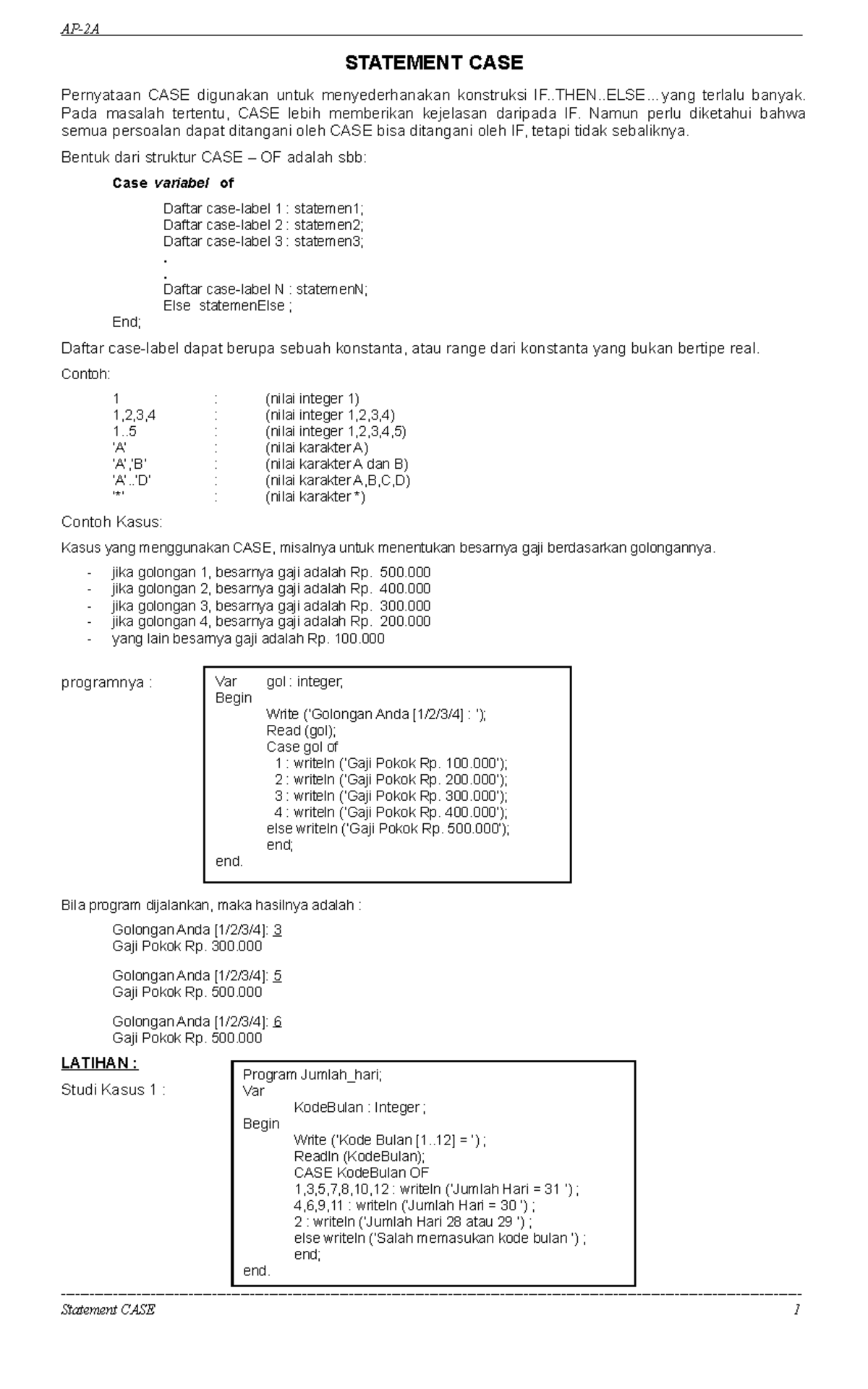 Kondisi percabangan Case - AP-2A STATEMENT CASE Pernyataan CASE ...
