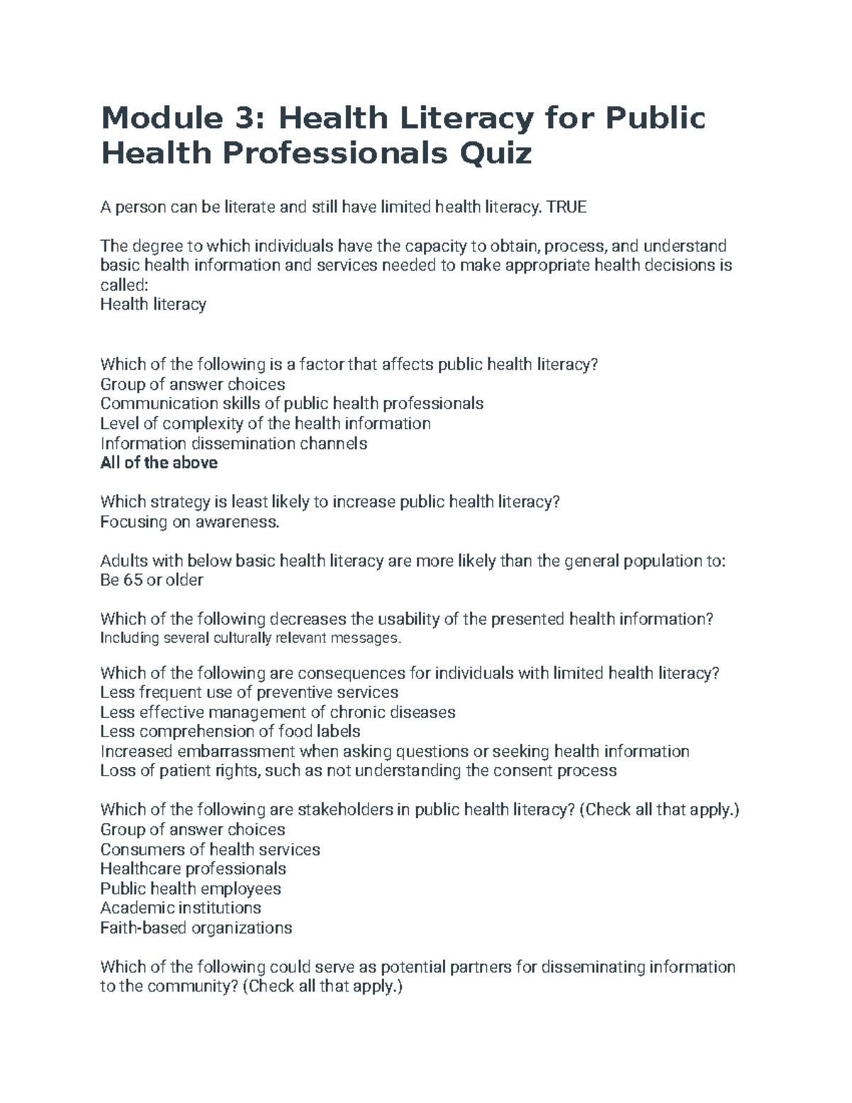 NUR440 Health literacy for public health quiz - Module 3: Health ...