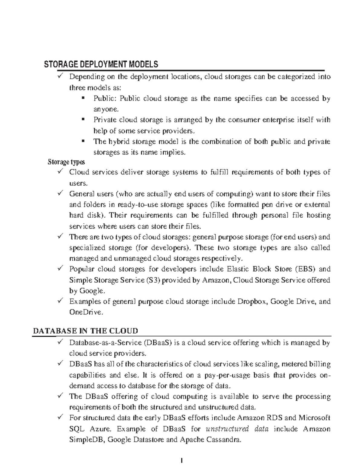Cloud - notes - 1 STORAGE DEPLOYMENT MODELS Depending on the deployment ...