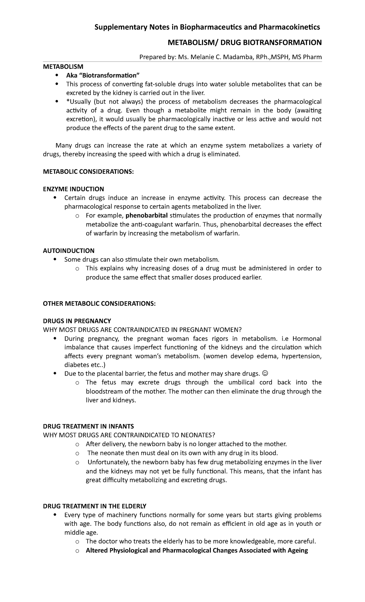 Metabolism supplement lecture - METABOLISM/ DRUG BIOTRANSFORMATION ...