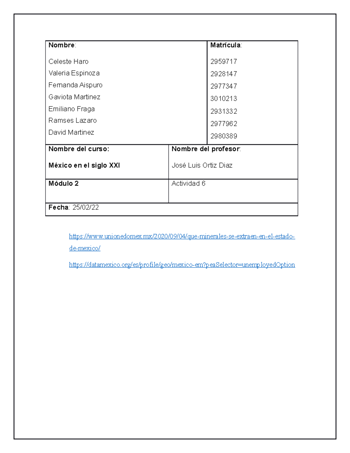 Actividad 6 Mexico EDM - Nombre : Celeste Haro Valeria Espinoza ...