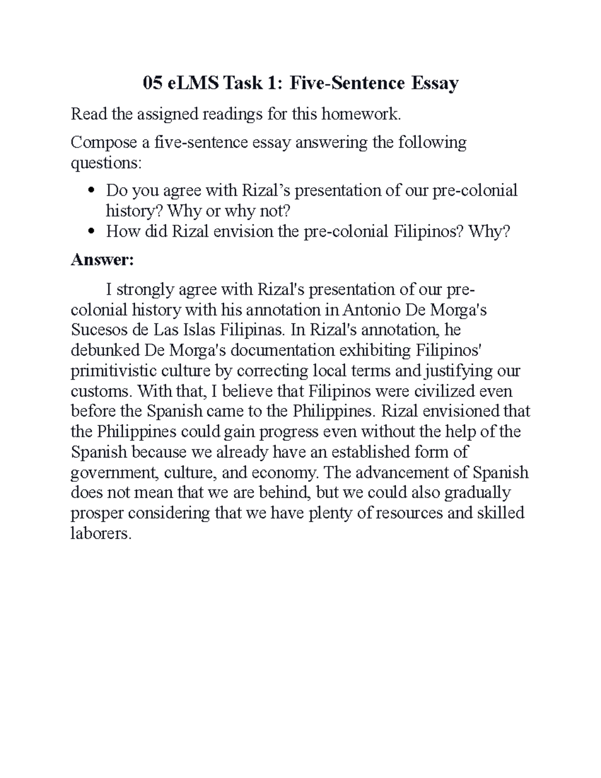 05e LMS Task 1 five sentence essay - 05 eLMS Task 1: Five-Sentence ...