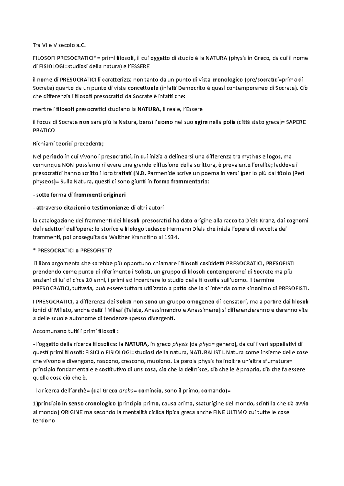 Presocratici Riassunti Schematici - Tra VI e V secolo a. FILOSOFI ...