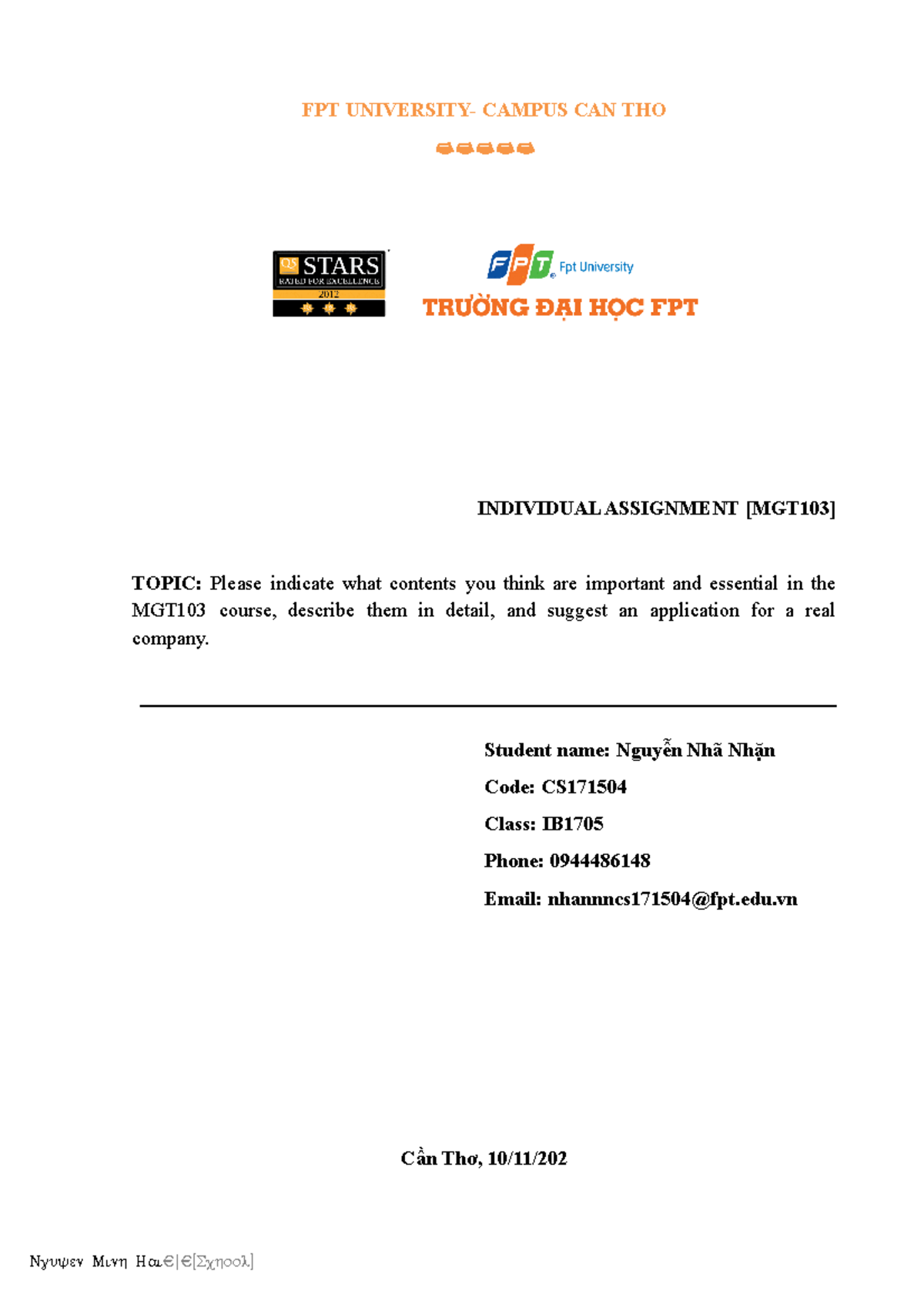 Individual Assignment [ MGT103 ] - FPT UNIVERSITY- CAMPUS CAN THO - Studocu