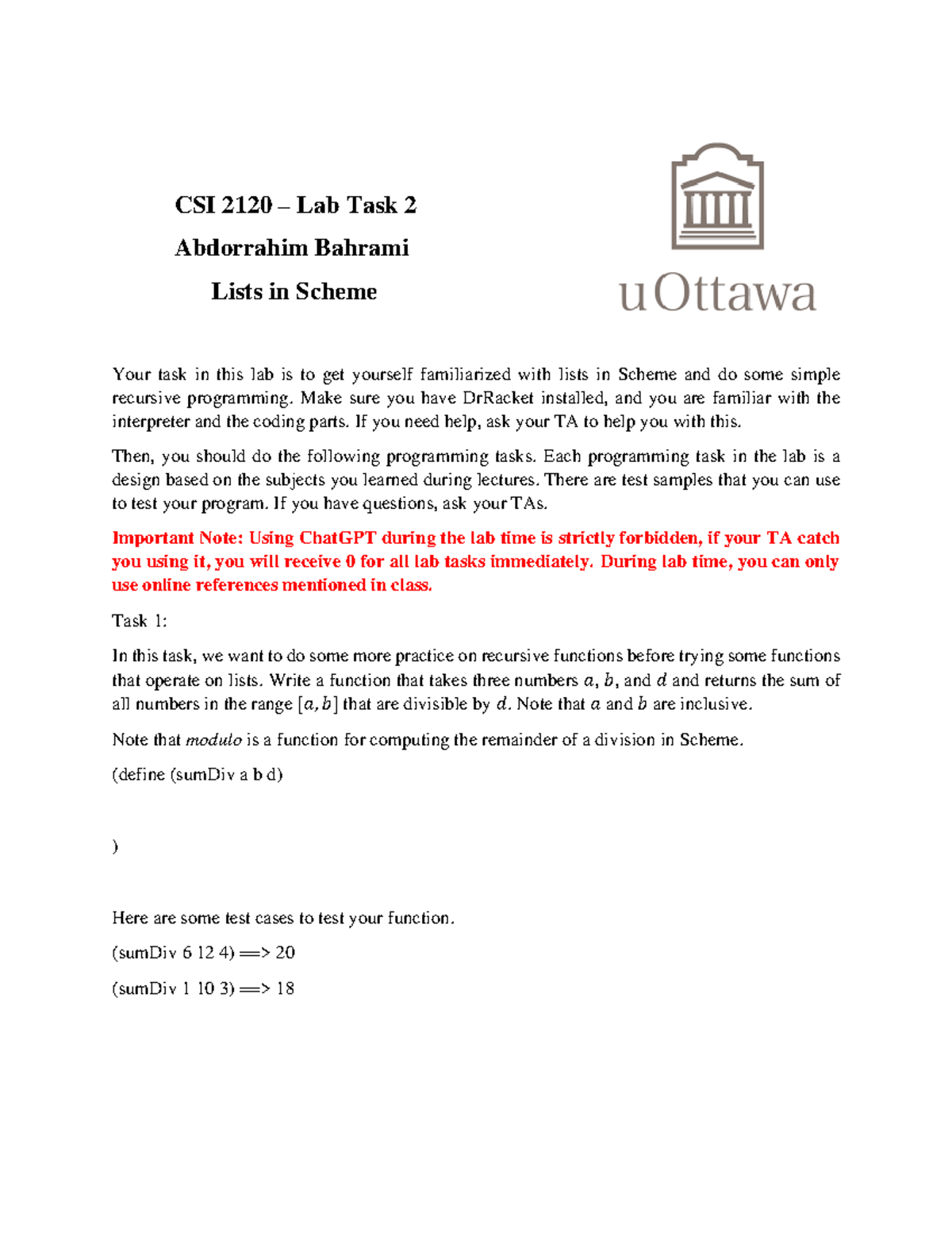 Lab Task 2 Lists Scheme Monday Labs Csi 2120 Lab Task 2 Abdorrahim Bahrami Lists In Scheme