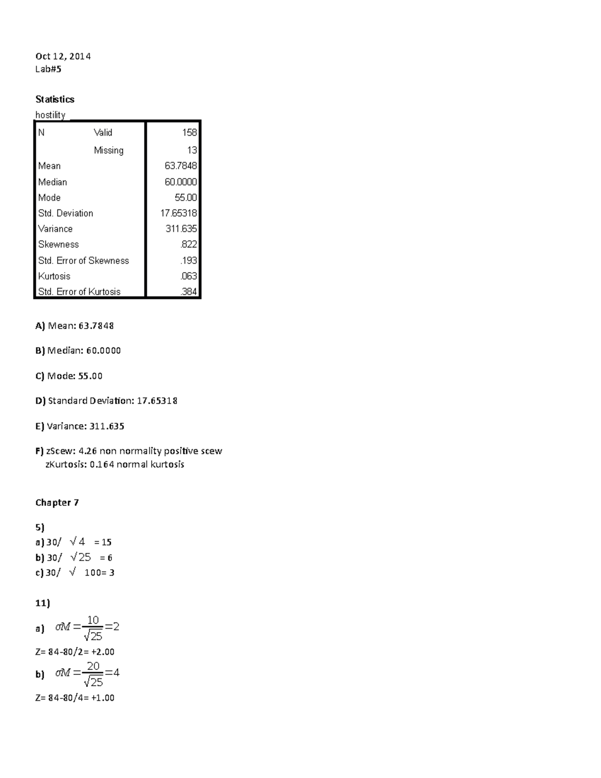 homework lab#5 PSY210 - Oct 12, 2014 Lab#5 Statistics hostility N Valid ...