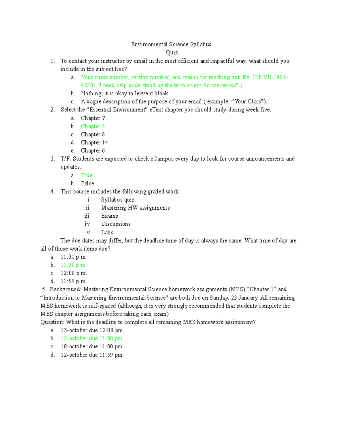 Environmental Science 1401 Syllabus Quiz - Environmental Science ...