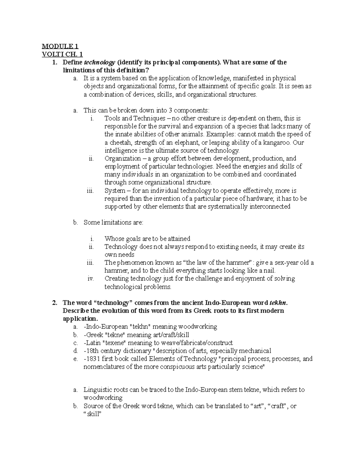 Module 1 - CH 1 - MODULE 1 VOLTI CH. 1 1. Define technology (identify ...