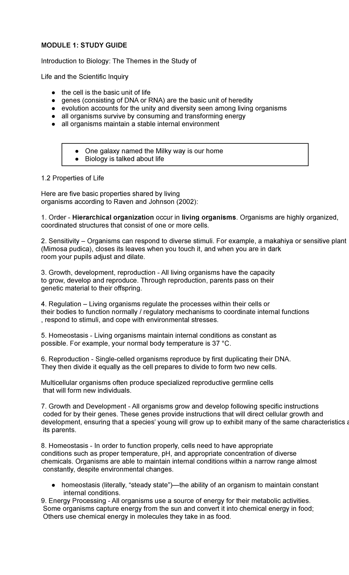 BIO Lecture - ...... - MODULE 1: STUDY GUIDE Introduction to Biology ...