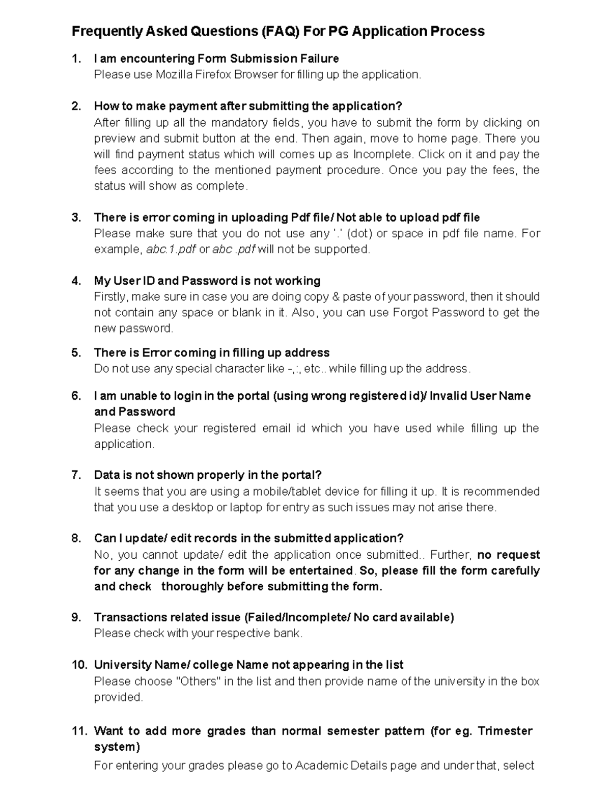 FAQ PG Applicaton Related - Frequently Asked Questions (FAQ) For PG ...