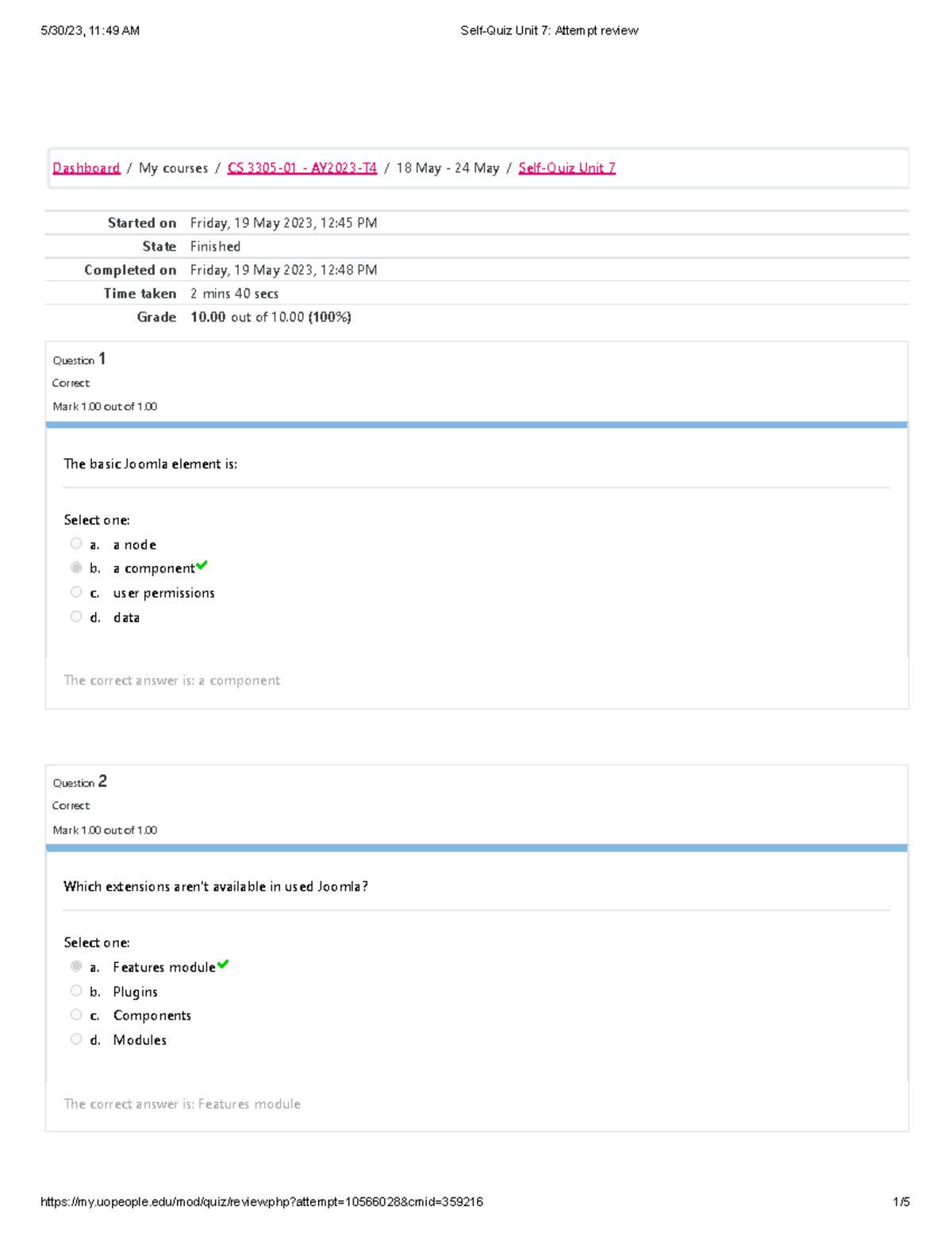 Self-Quiz Unit 7 Attempt review - Started on Friday, 19 May 2023, 12:45 PM State Finished ...