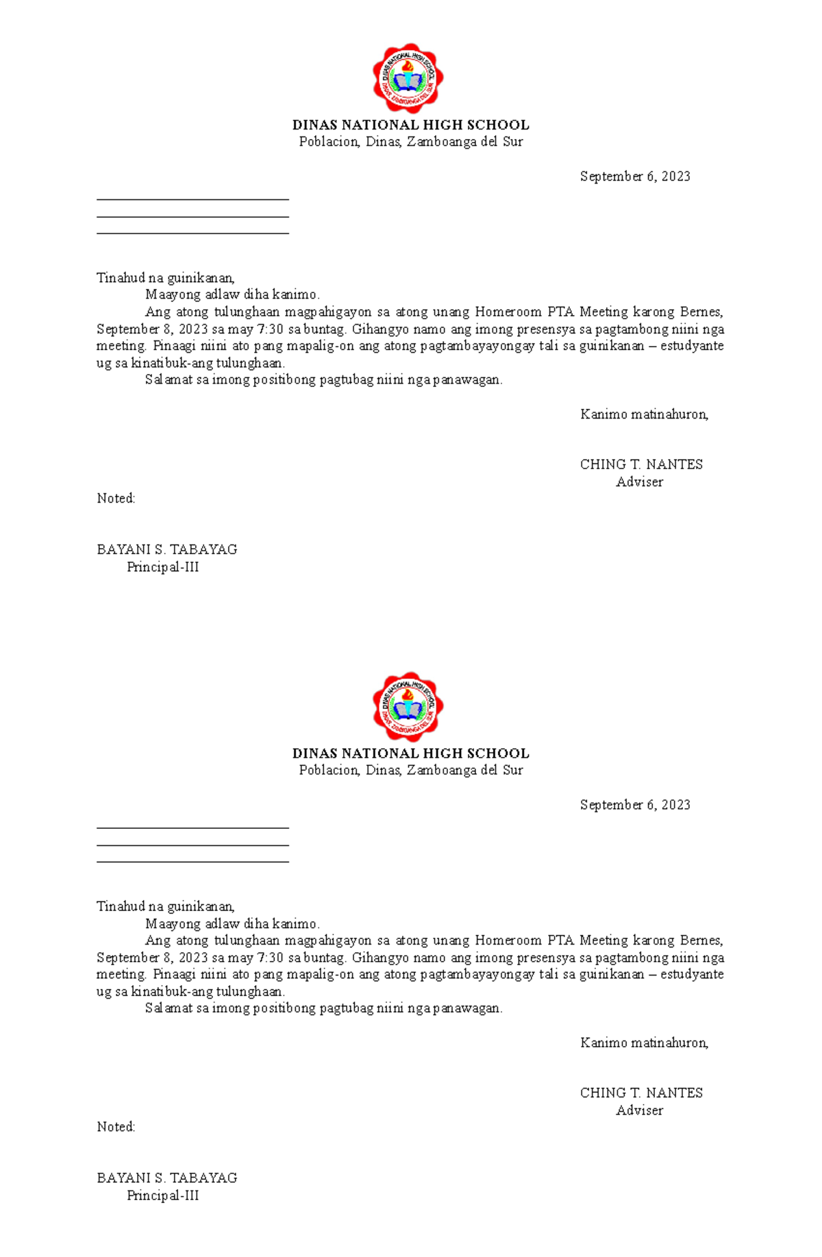 PTA Letter - DINAS NATIONAL HIGH SCHOOL Poblacion, Dinas, Zamboanga del ...