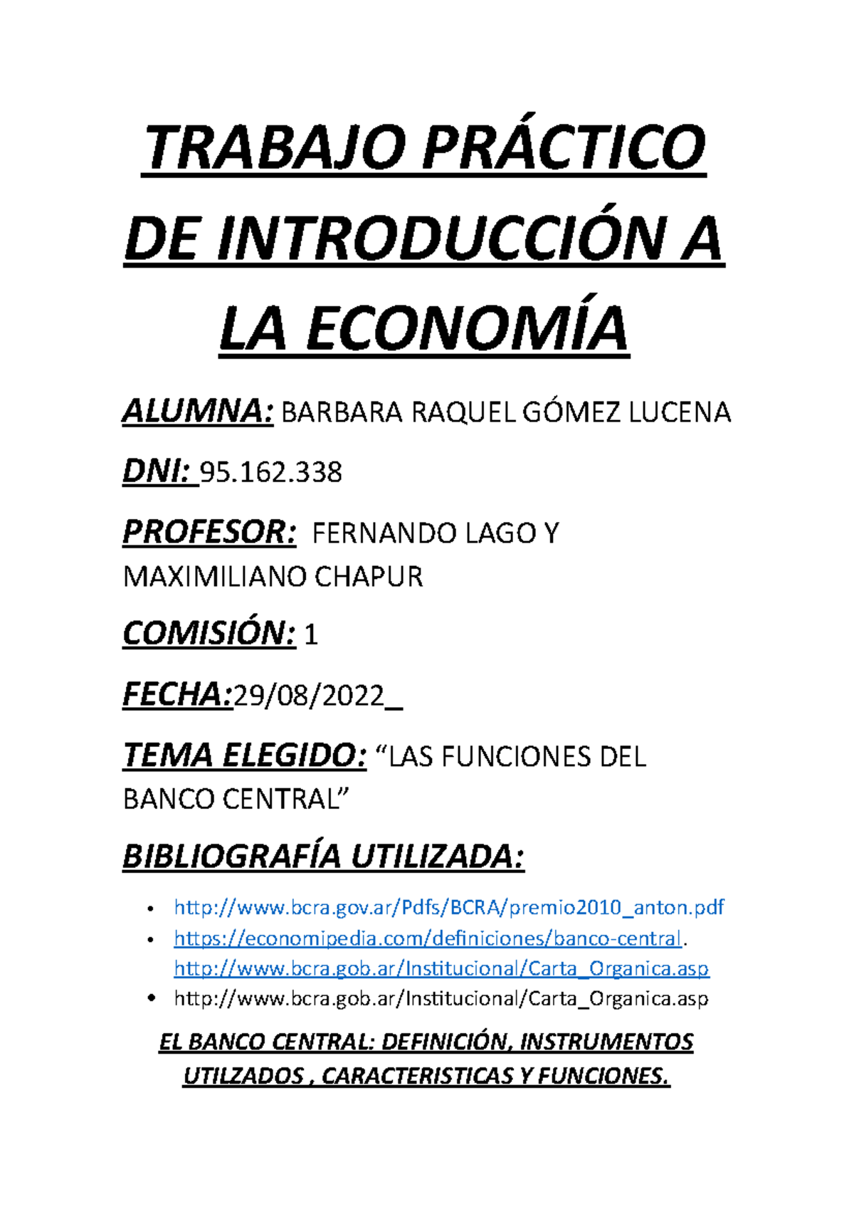 Trabajo Práctico DE Introducción A LA Economía - TRABAJO PRÁCTICO DE INTRODUCCIÓN A LA ECONOMÍA ...