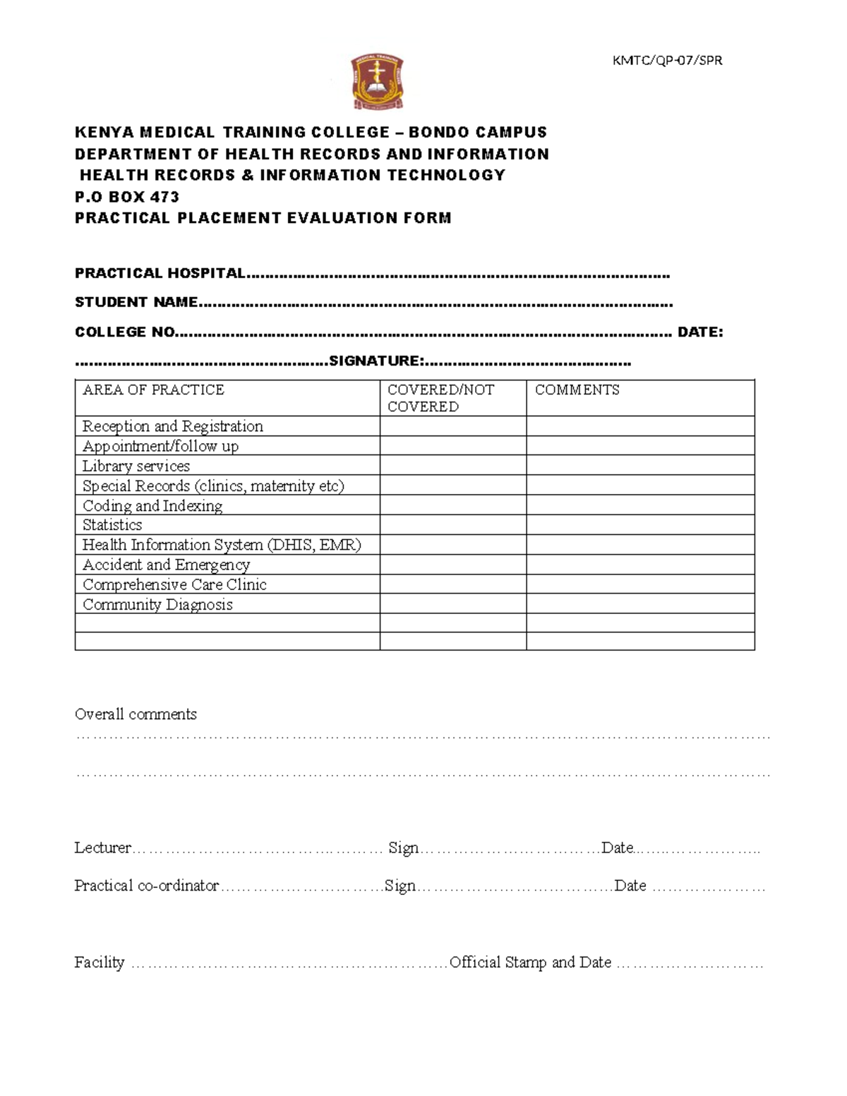 Follow up form - NULL - KMTC/QP-07/SPR KENYA MEDICAL TRAINING COLLEGE ...